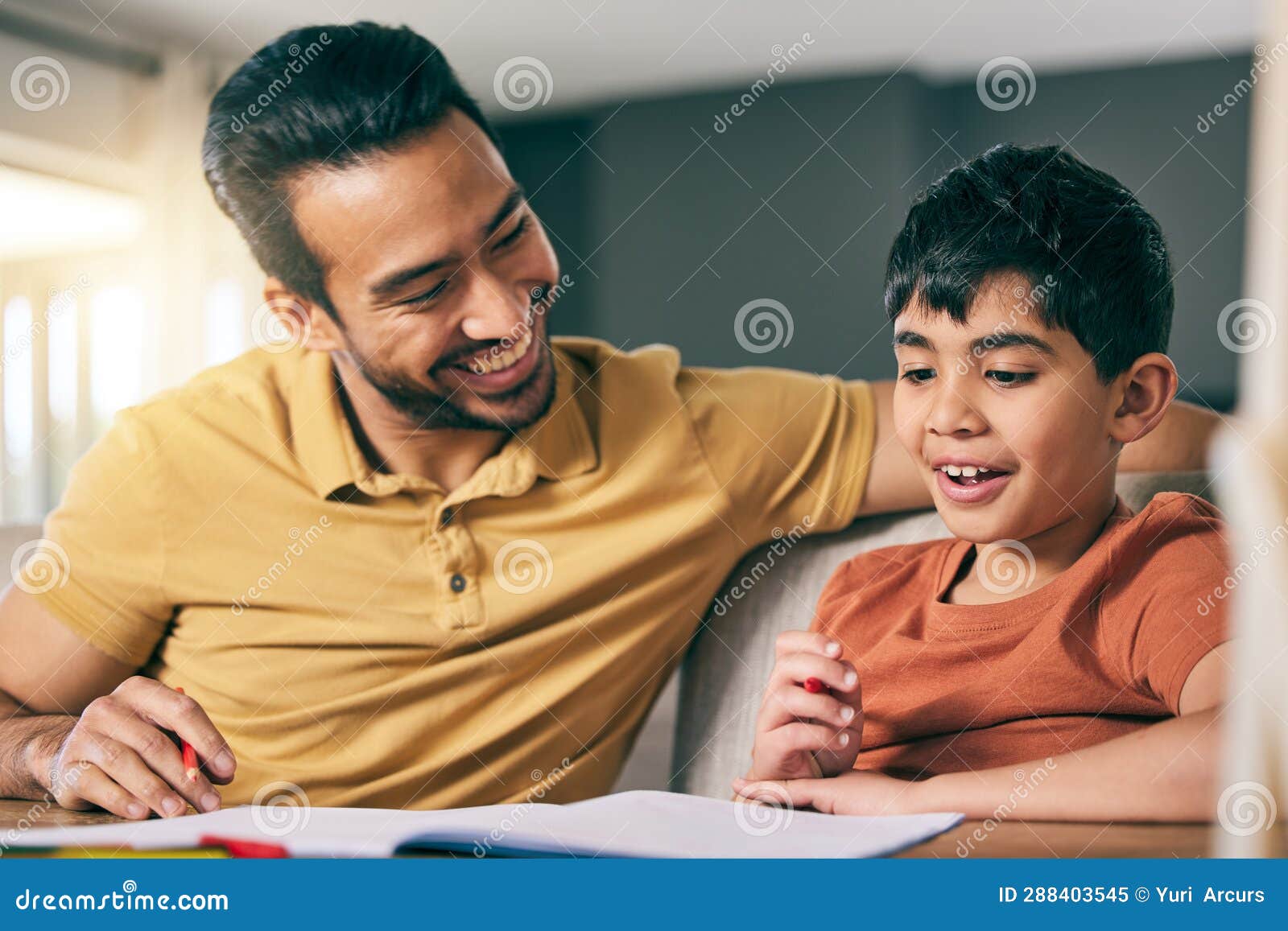 Help, Father and Boy with Homework, Notebook and Conversation with ...