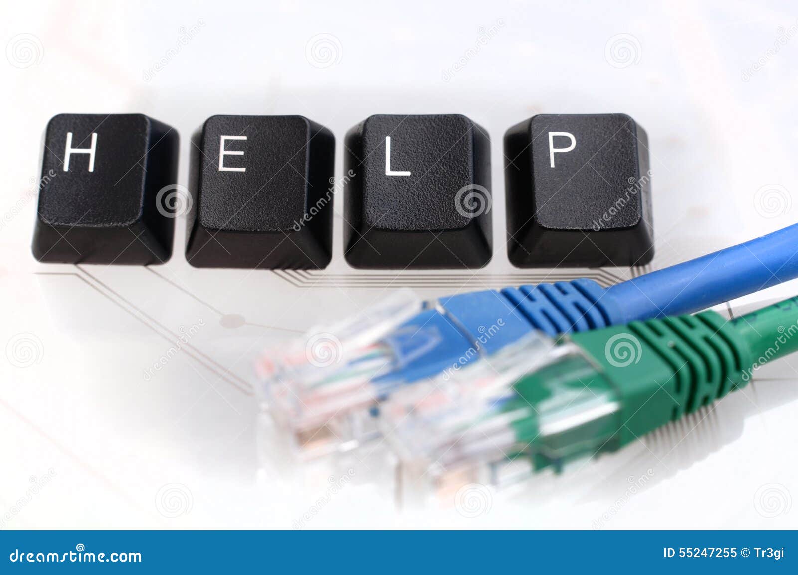 It HELP Four Keyboard Keys with Network Cables on White Glass Stock ...