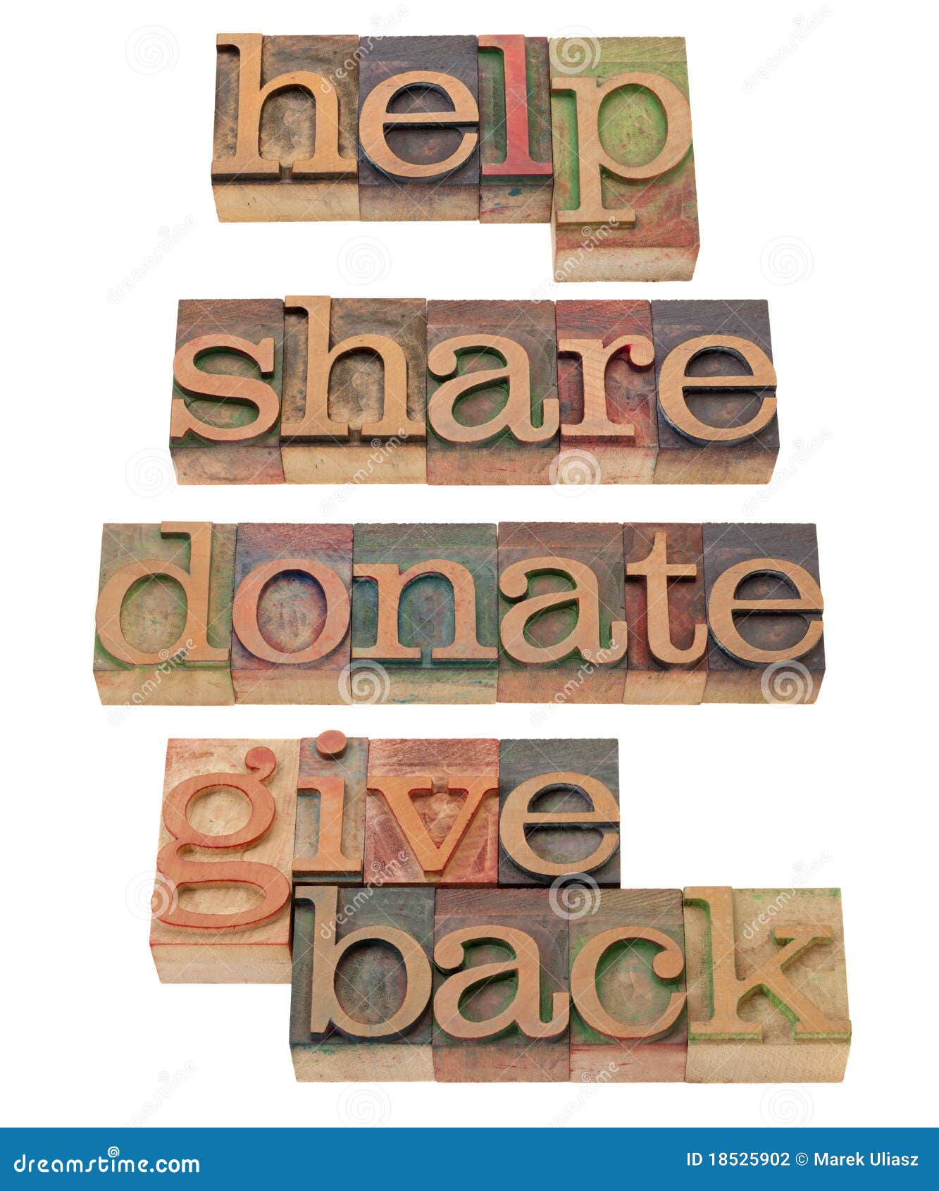 Help, Share, Donate in Letterpress Type Stock Photo - Image of ...