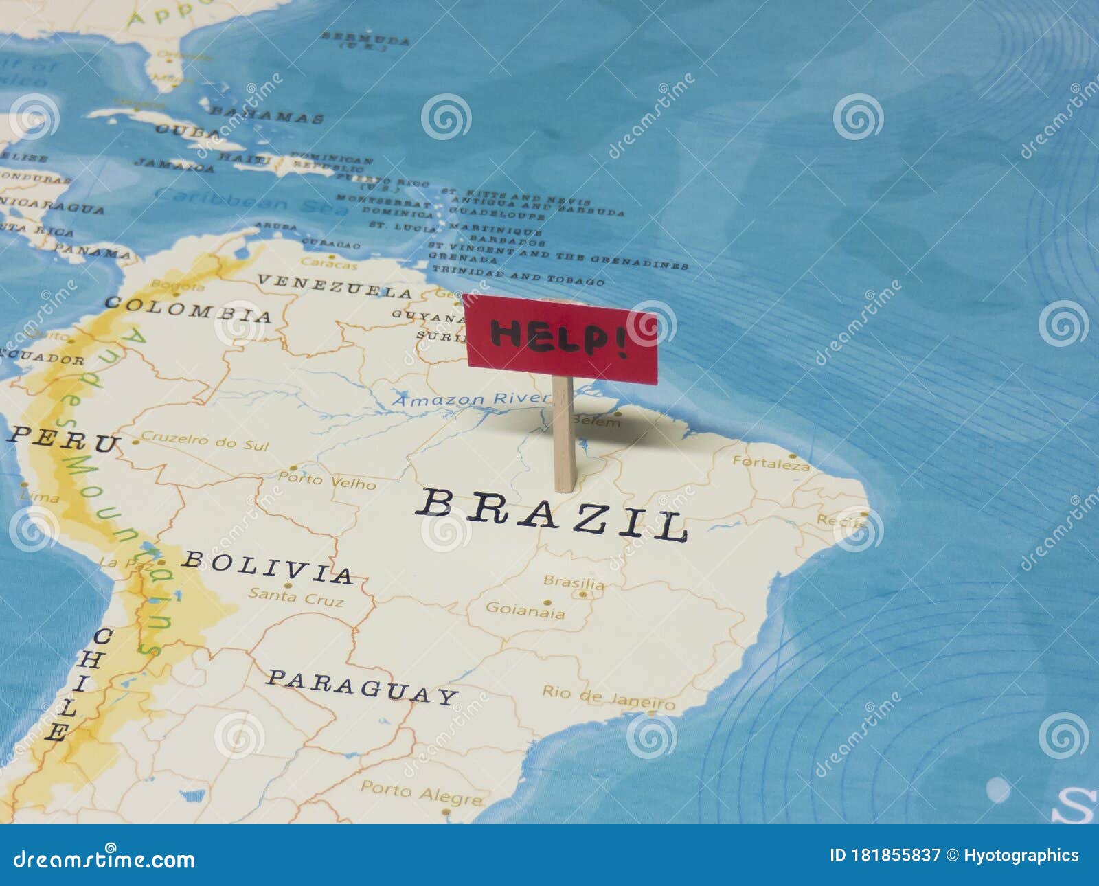 `HELP!` Sign with Pole on Brazil of the World Map Stock Image - Image ...