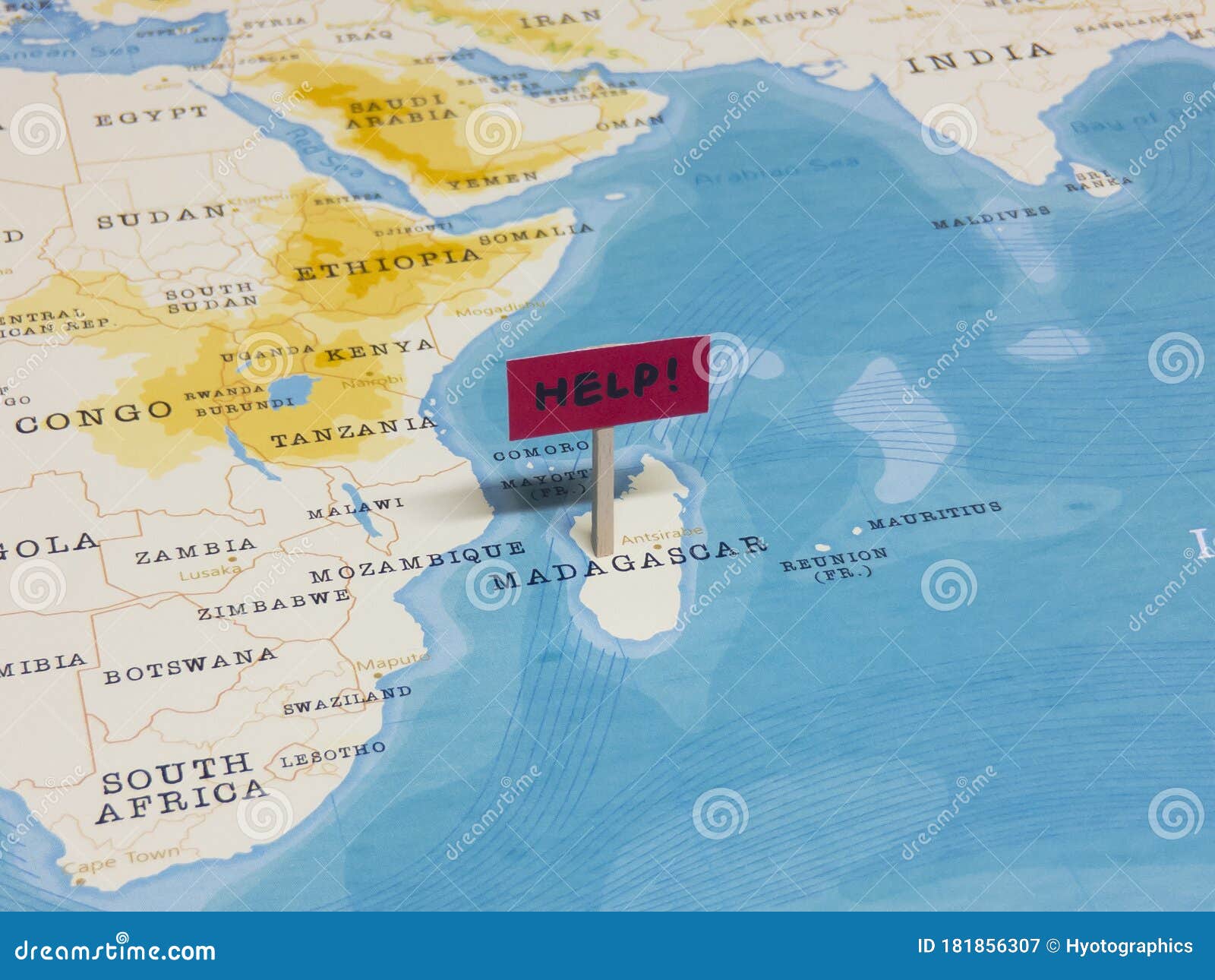 `HELP!` Sign with Pole on Madagascar of the World Map Stock Image ...