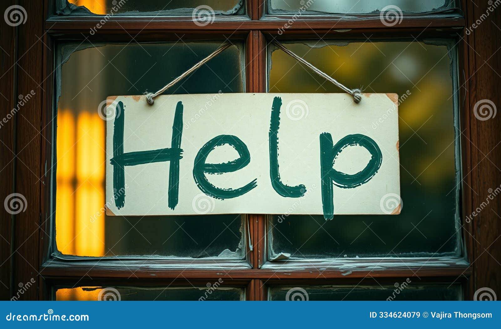 A Help Sign on a Window with the Sign Appearing To Be Hand-painted with ...