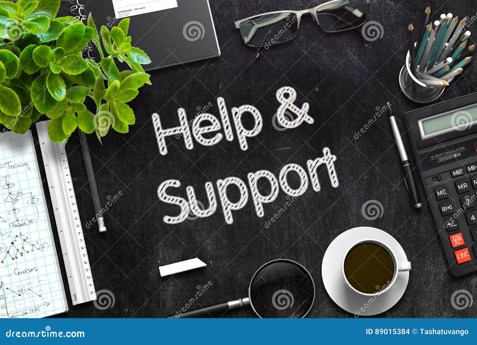 Help and Support - Text on Black Chalkboard. 3D Rendering. Stock ...