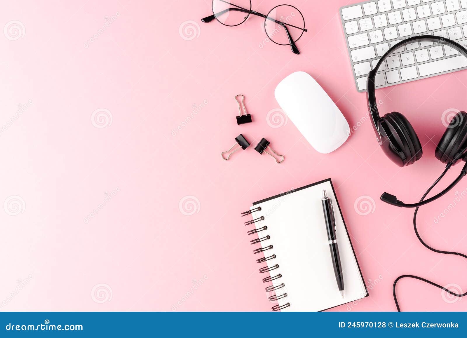 Helpdesk Desktop with Headset, Computer and Accessories. Pink Business ...