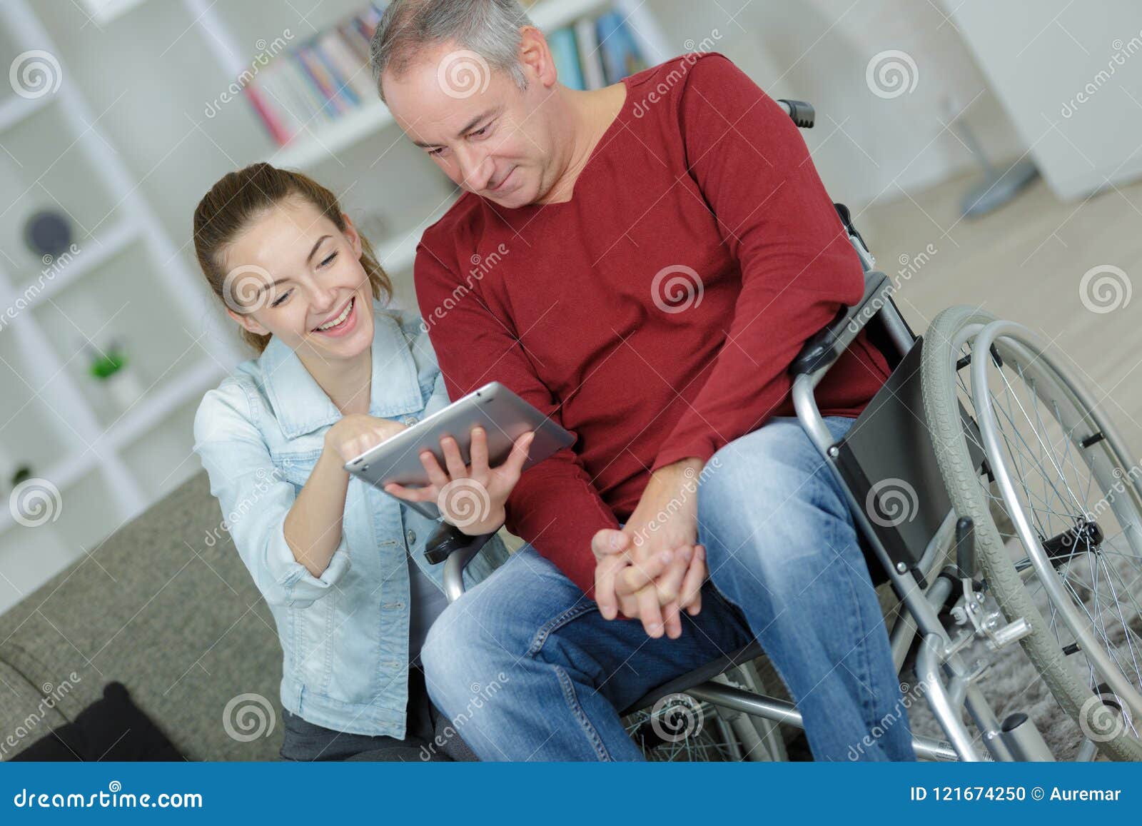 Helper and Senior Man Using Tablet Stock Photo - Image of sitting ...