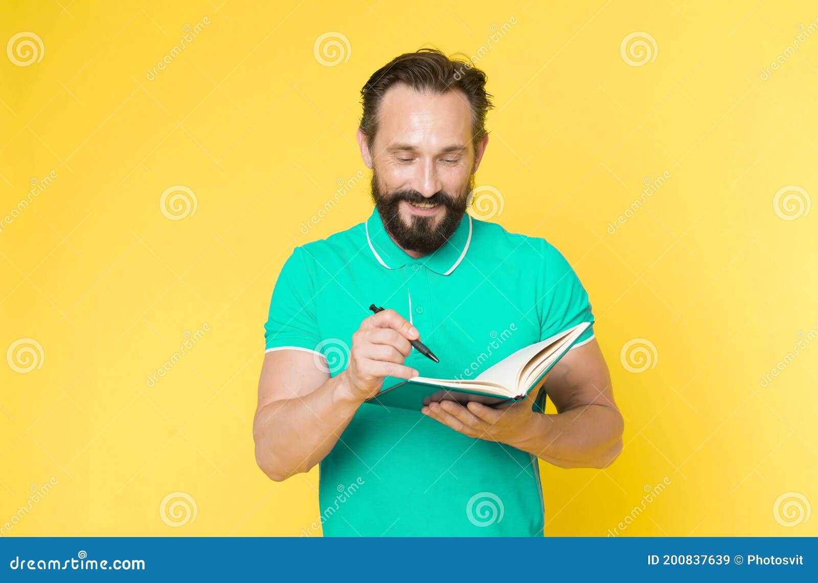 Helpful Checklist. Man Mature Bearded Guy Writing Notes To Notepad ...