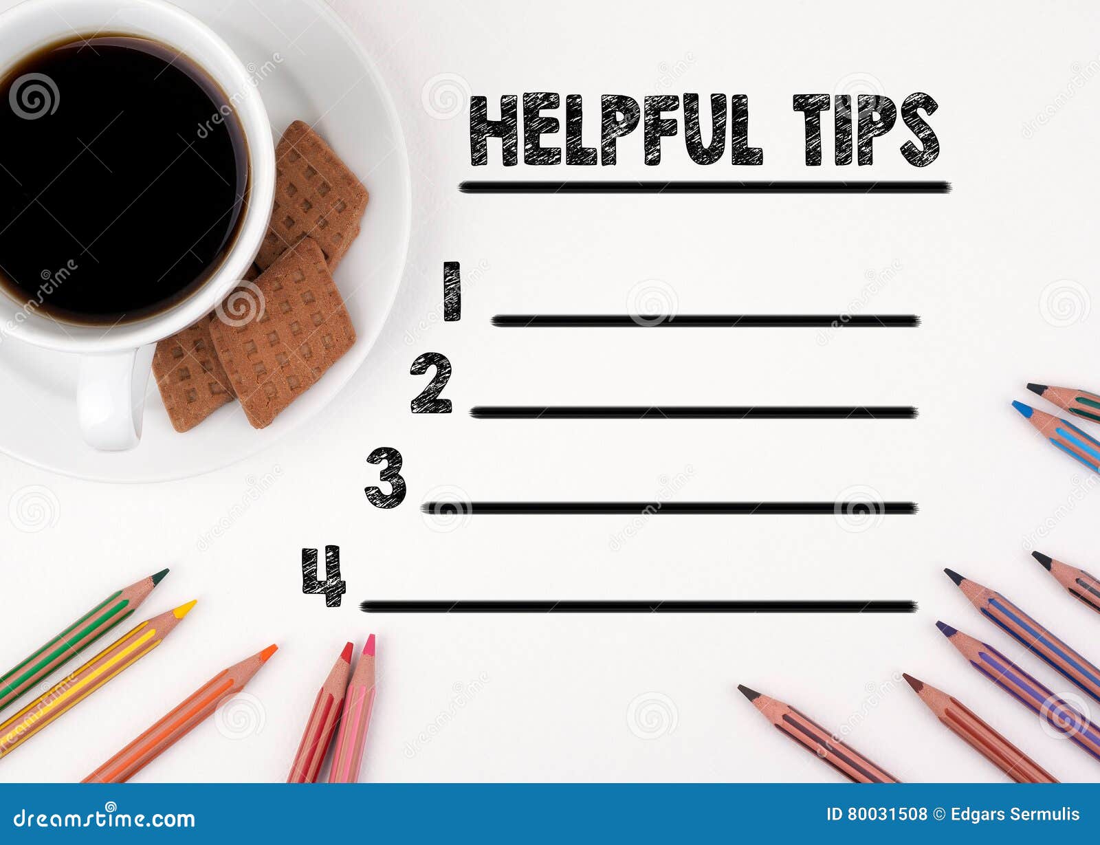 Helpful Tips Blank List. White Desk with a Pencil and a Cup of C Stock ...