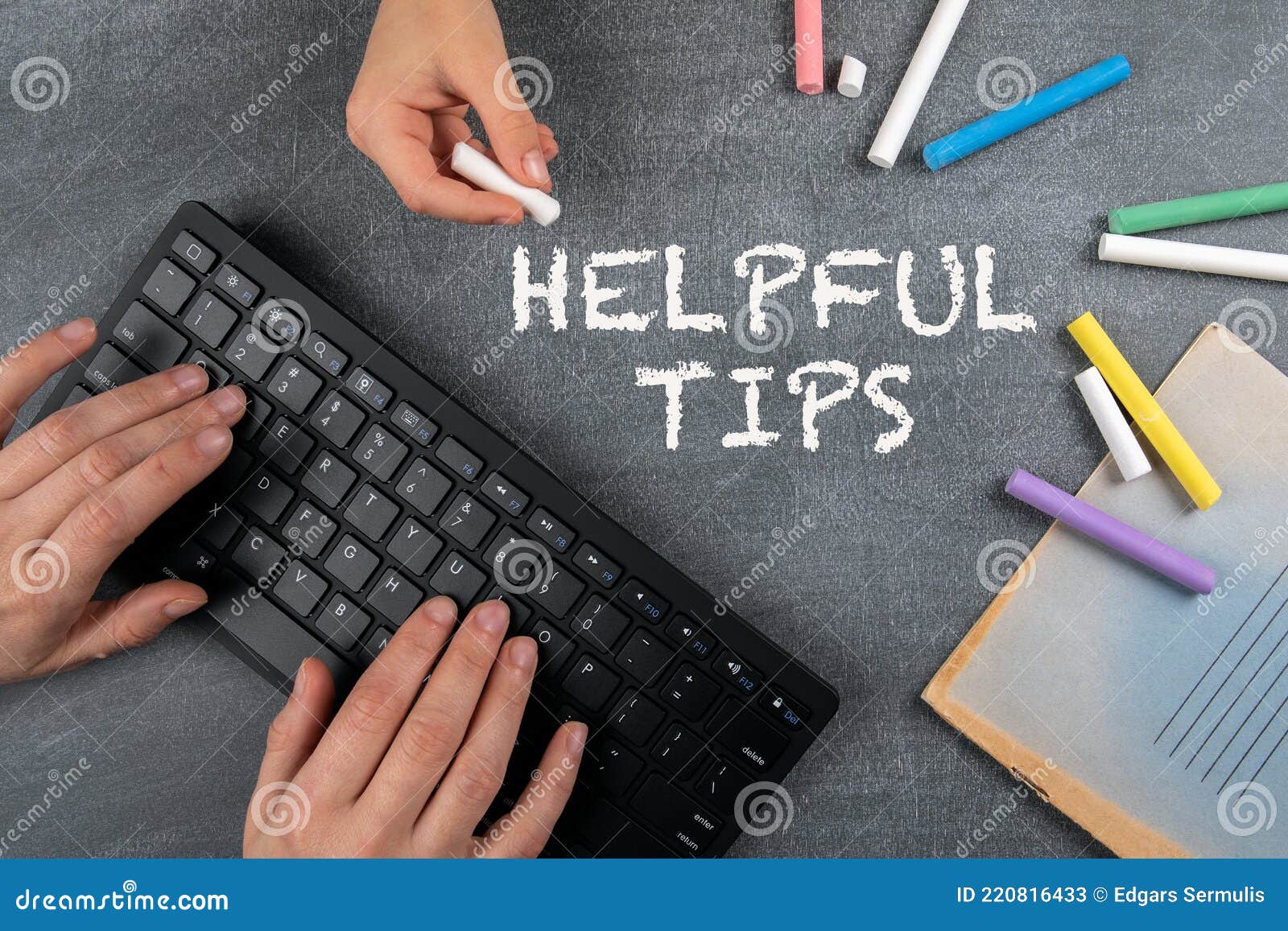 Helpful Tips. Computer Keyboard with Colored Pieces of Chalk on a ...