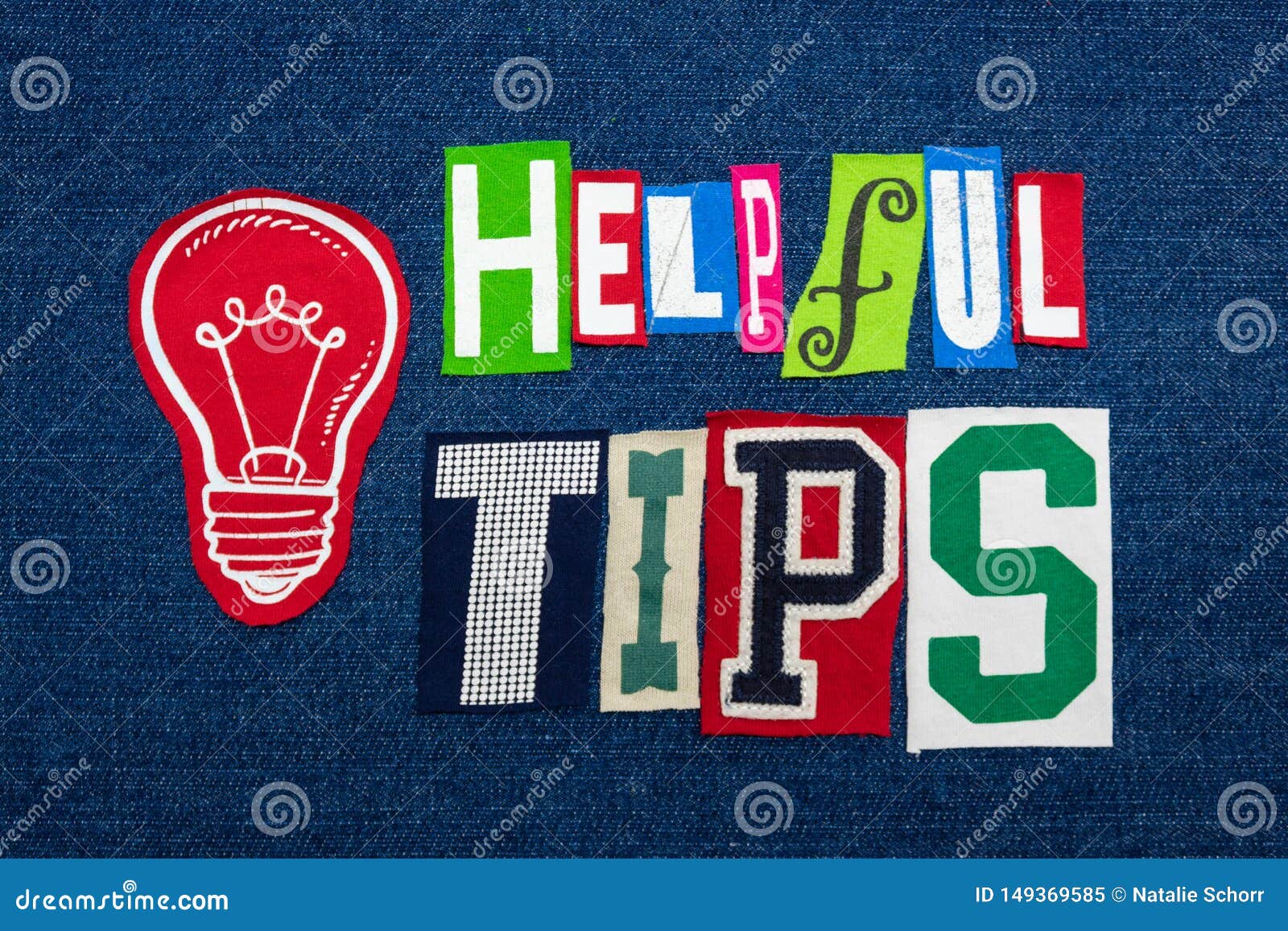HELPFUL TIPS Text Word Collage in Colorful Fabric on Blue Denim ...