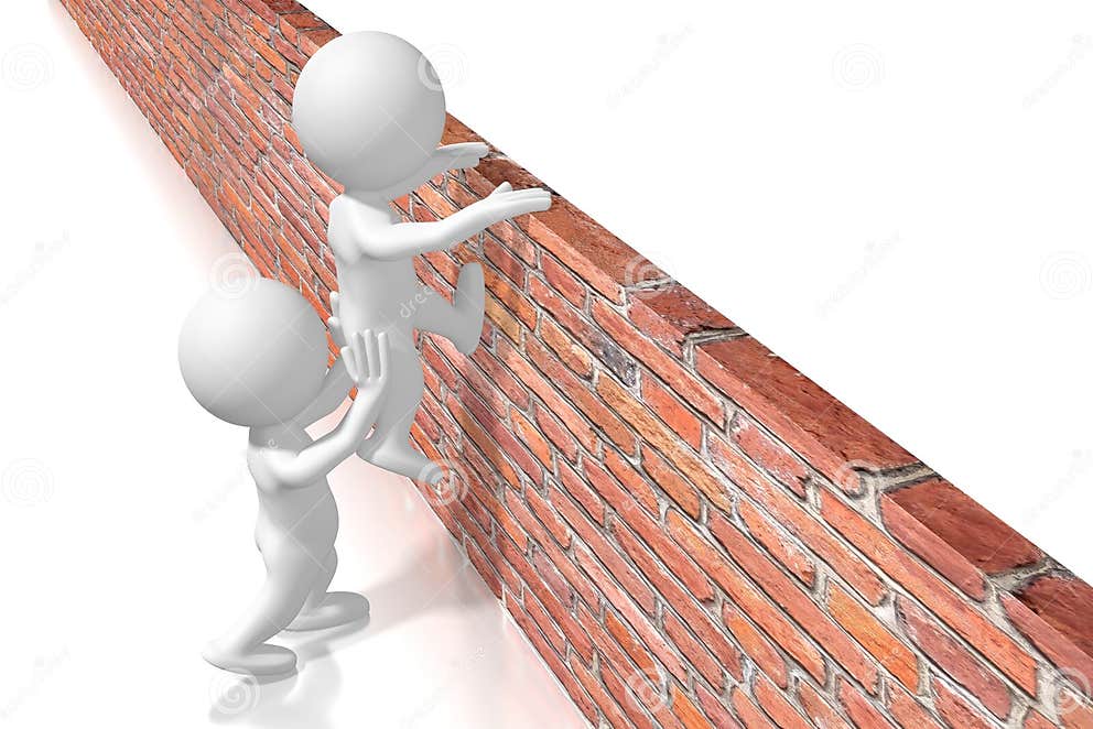 Two Cartoon Characters - One Help Another Getting Over the Wall Stock ...