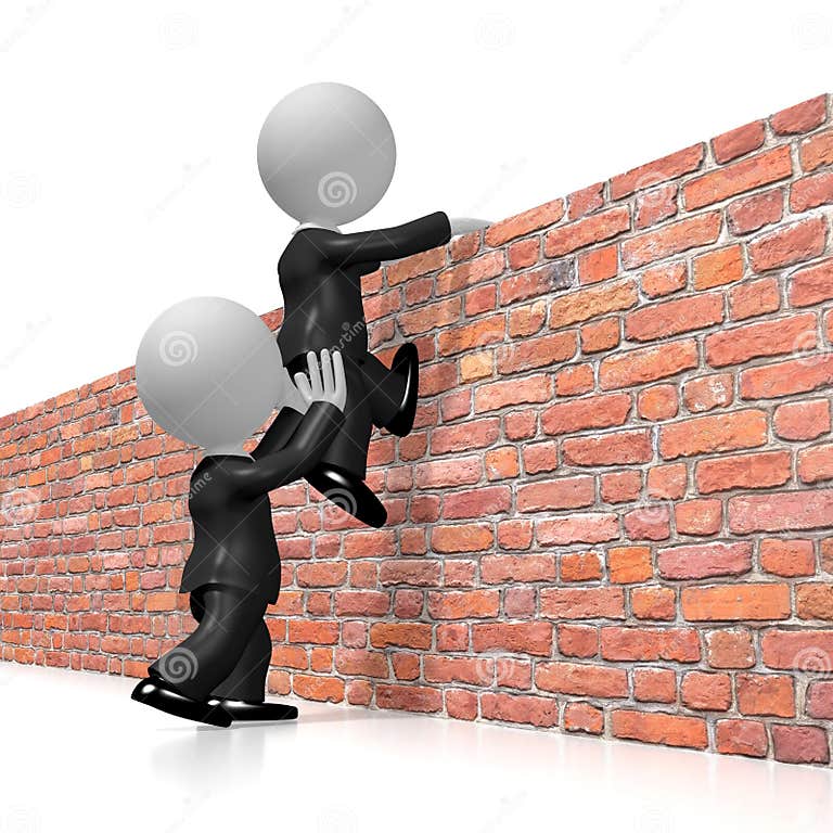 Two Cartoon Characters - One Help Another Getting Over the Wall Stock ...