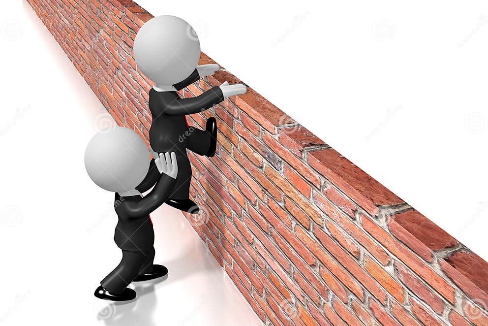 Two Cartoon Characters - One Help Another Getting Over the Wall Stock ...