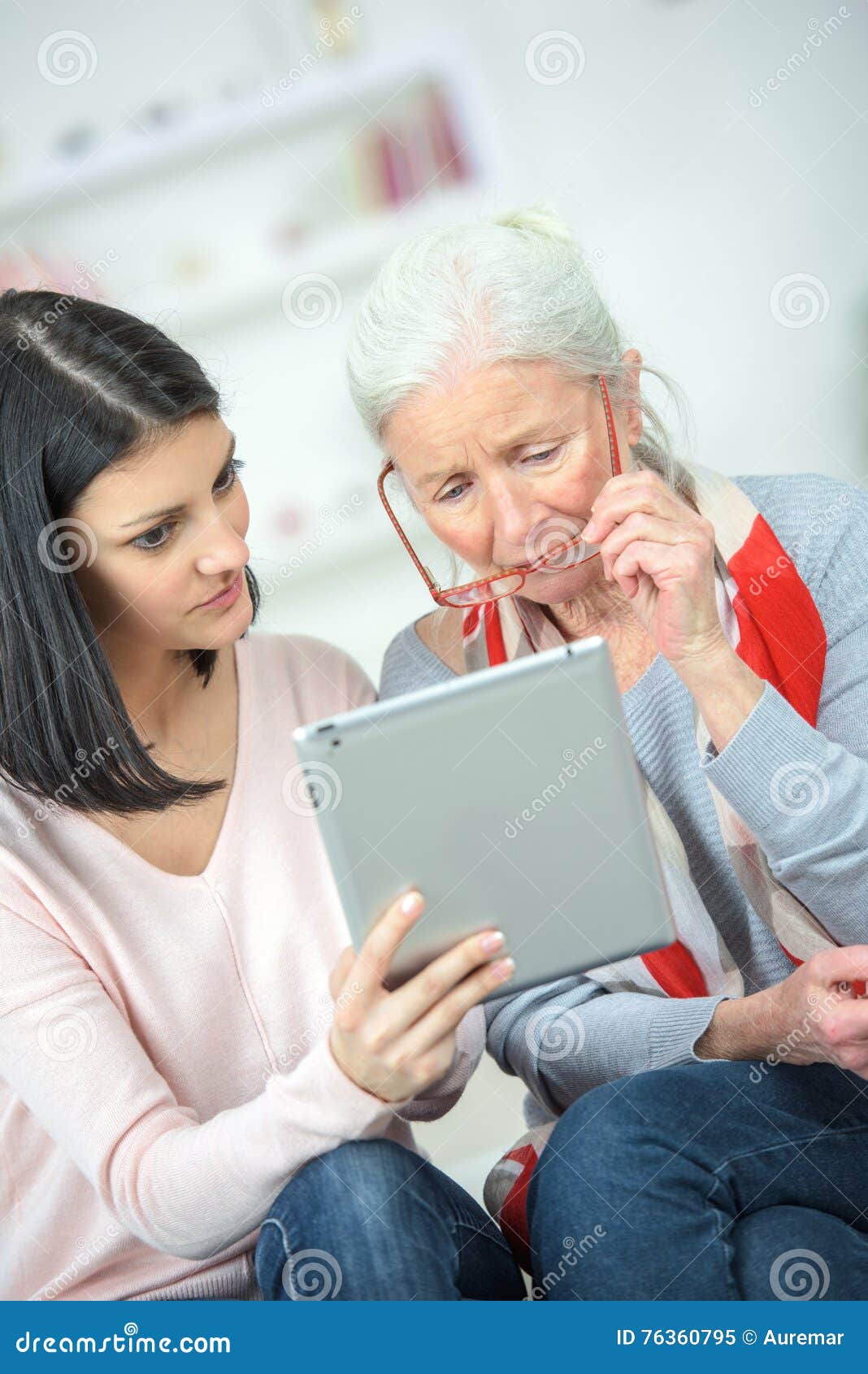 Helping Old Woman Use Tablet Computer Stock Image - Image of helper ...