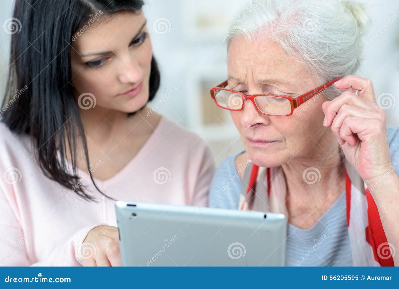 Helping Old Woman Use Tablet Computer Stock Image - Image of tactile ...