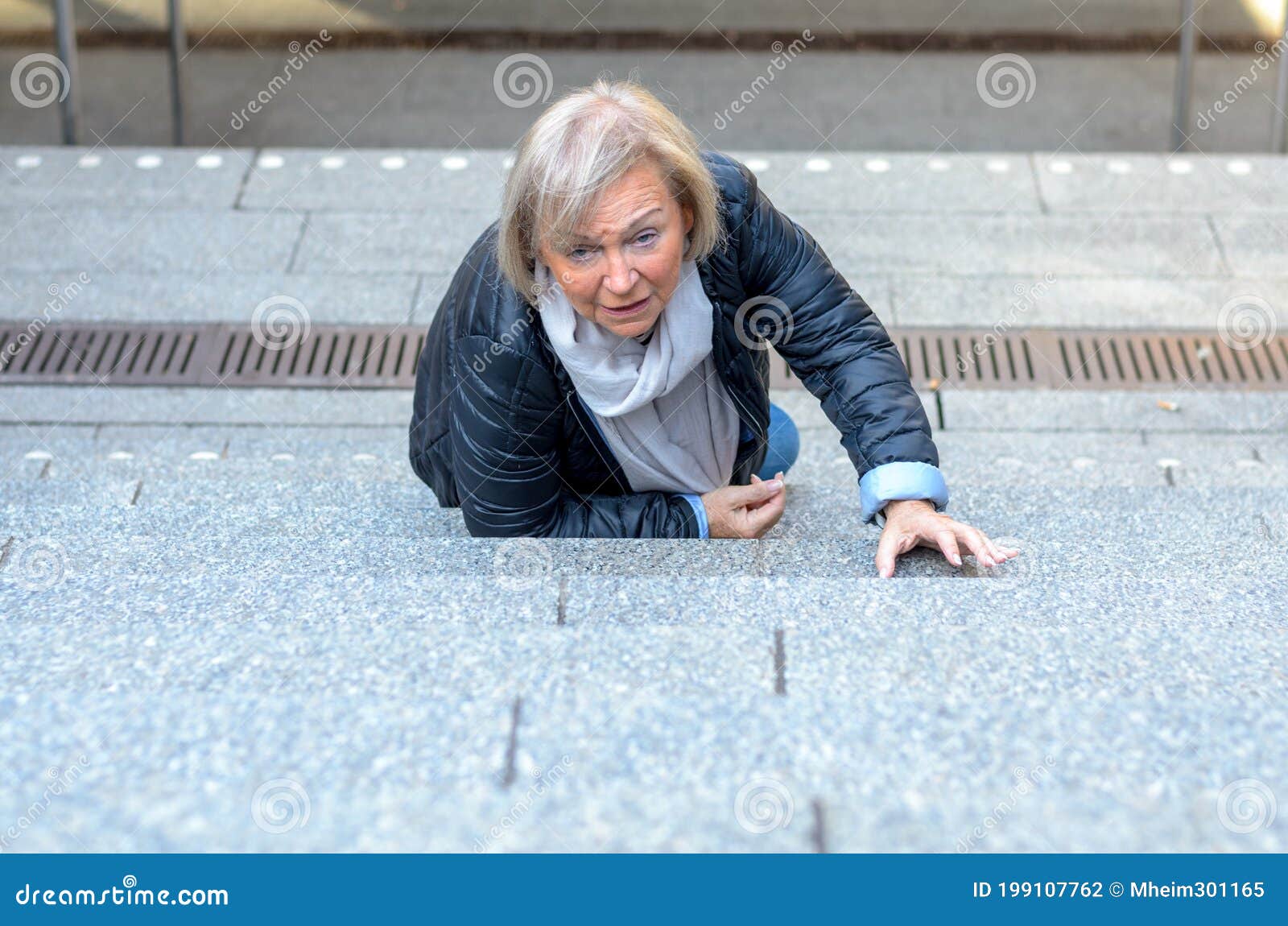 Helpless Senior Woman Falling Down Steps Stock Photo - Image of helping ...
