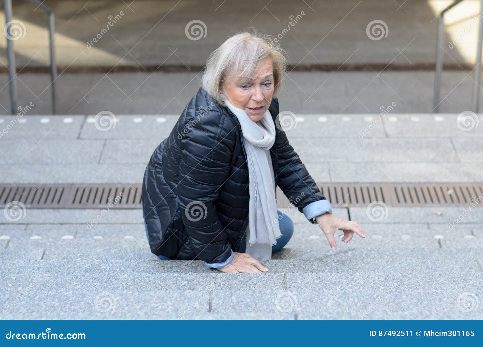 Helpless Senior Woman Falling Down Steps Stock Image - Image of ...