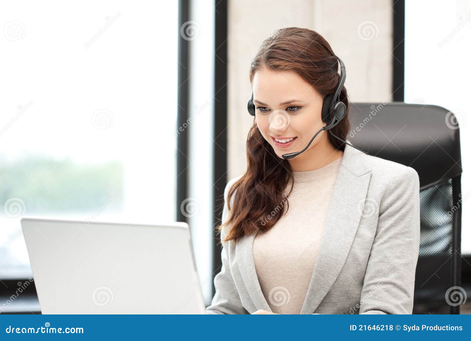 Helpline Operator with Laptop Computer Stock Photo - Image of happy ...