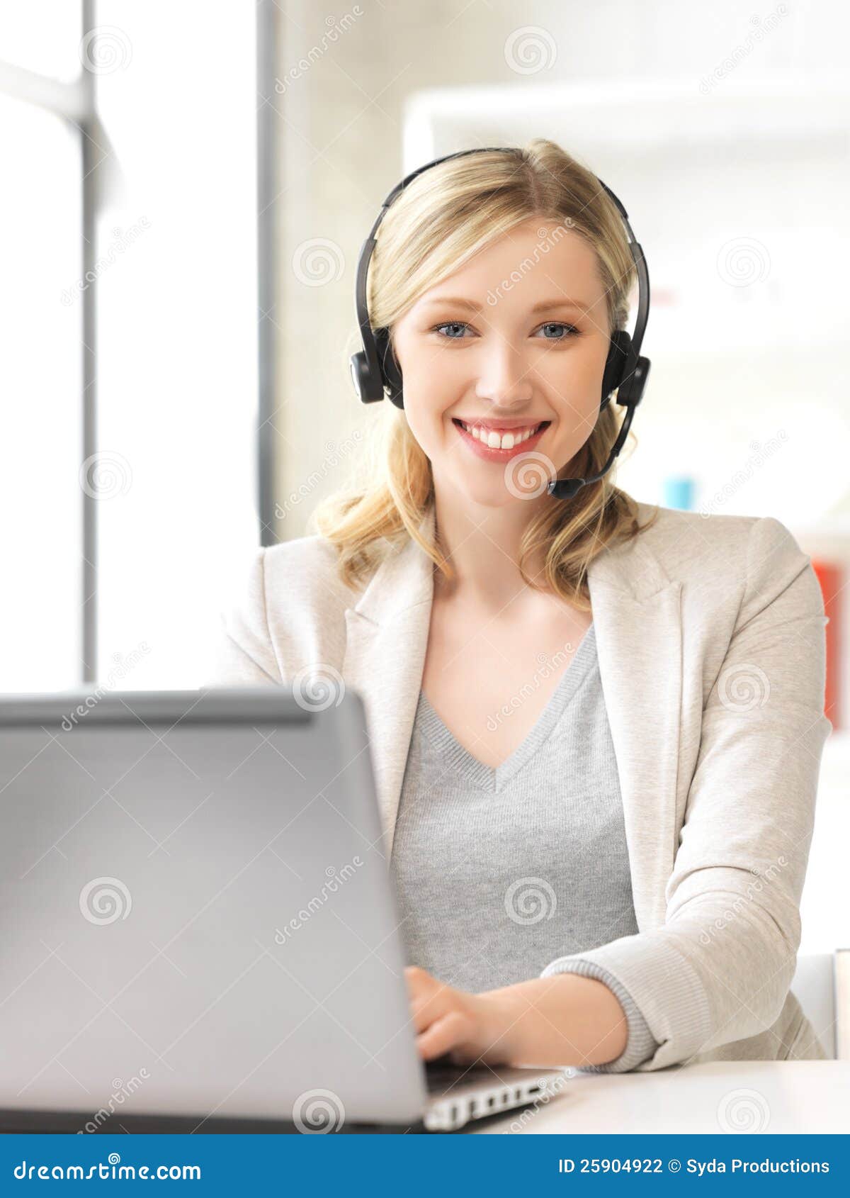 Helpline Operator with Laptop Computer Stock Photo - Image of friendly ...