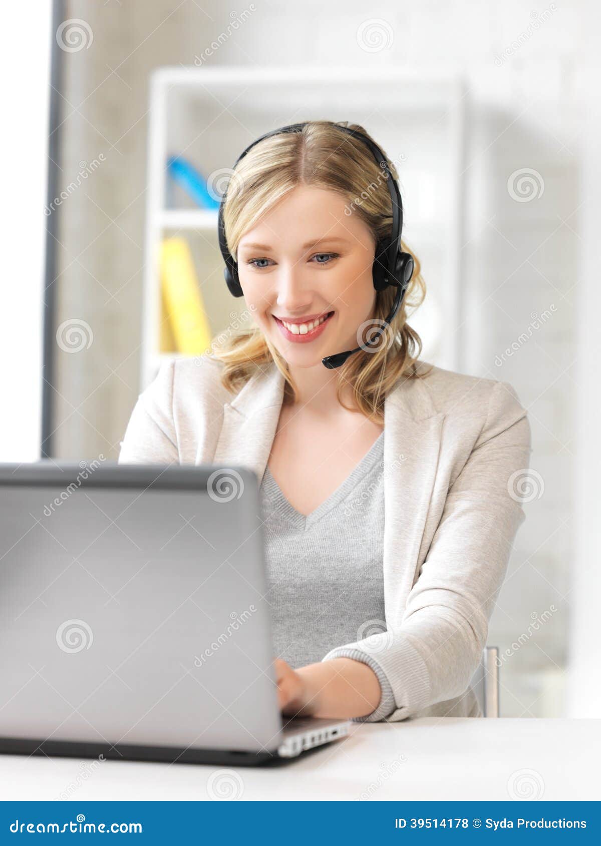 Helpline Operator with Laptop Computer Stock Photo - Image of friendly ...