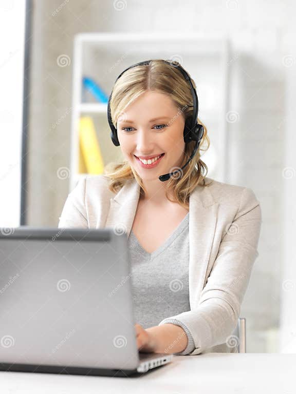 Helpline Operator with Laptop Computer Stock Photo - Image of friendly ...