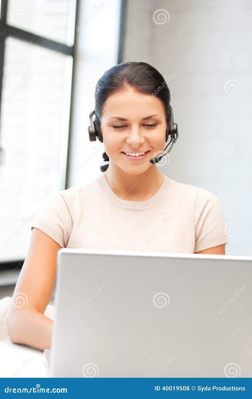 Helpline Operator with Laptop Computer Stock Photo - Image of happy ...