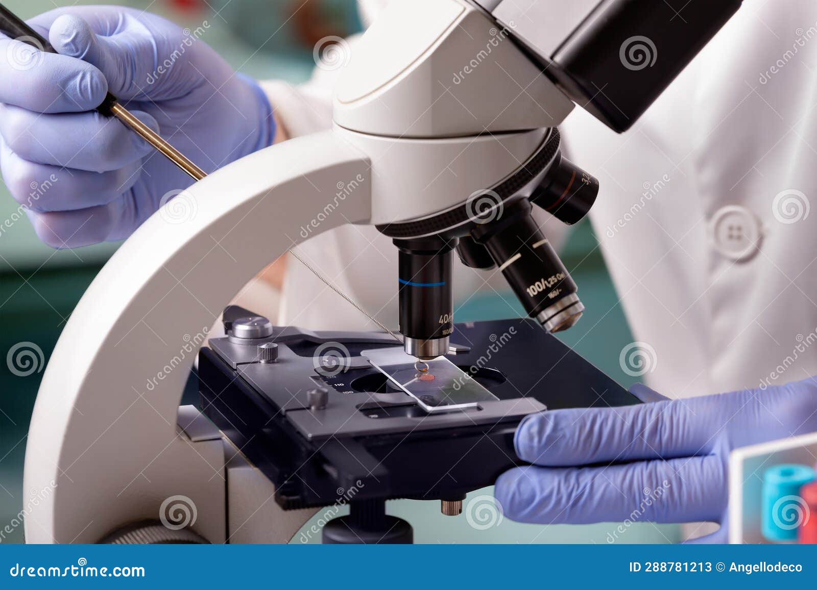 Hematologist Working with Microscope and Samples in the Microbiology ...