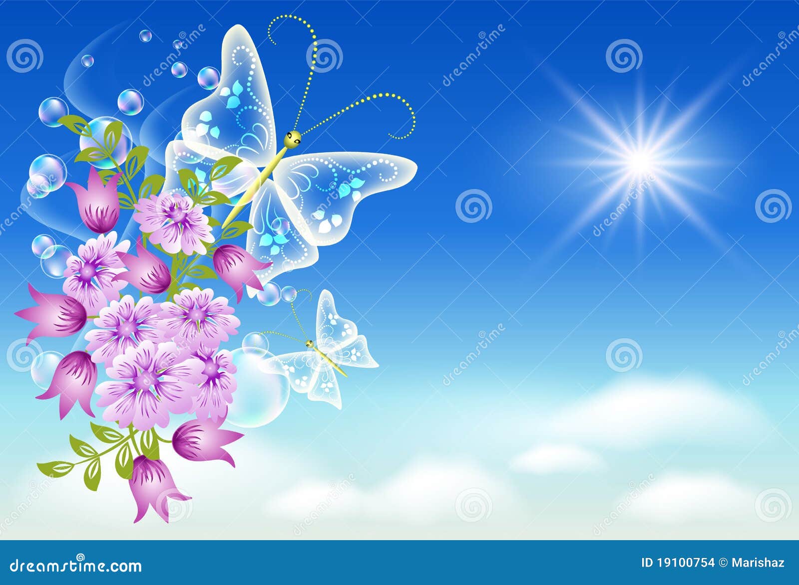 Hemel, Bloemen, En Vlinder. Vector Illustratie - Illustration of wolken ...