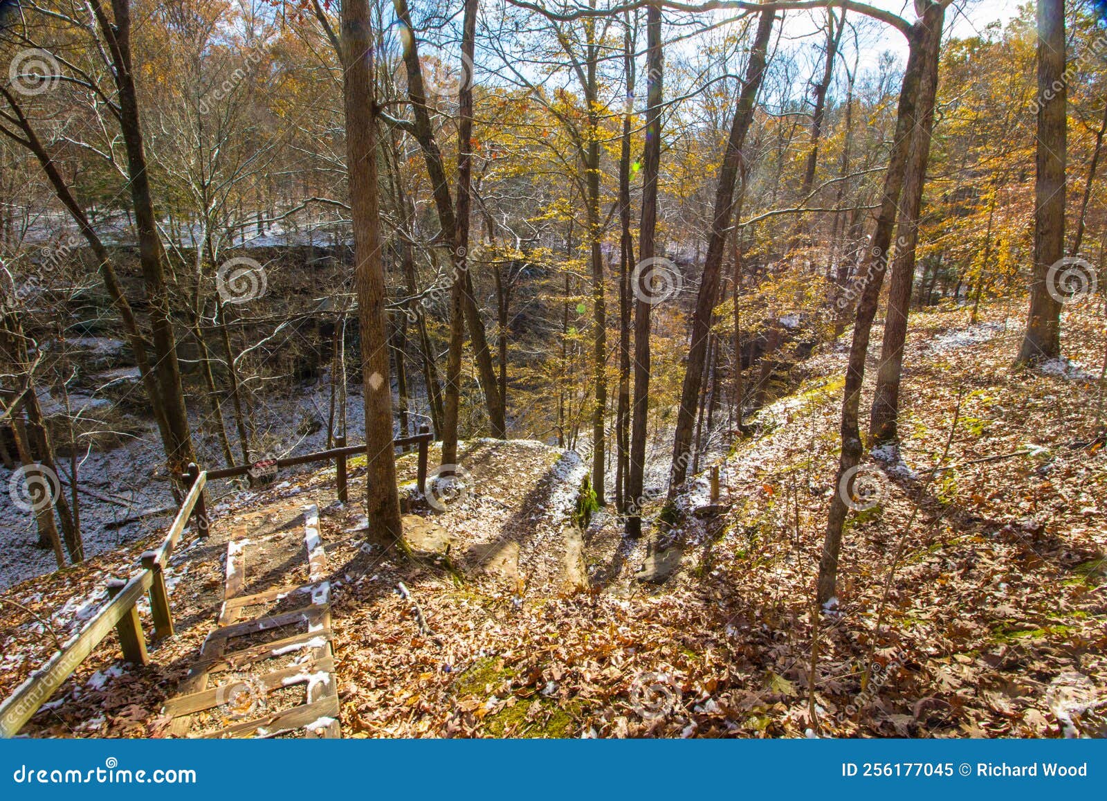 View of Hemlock Cliffs in Autumn after a Light Snow, Indiana Stock ...