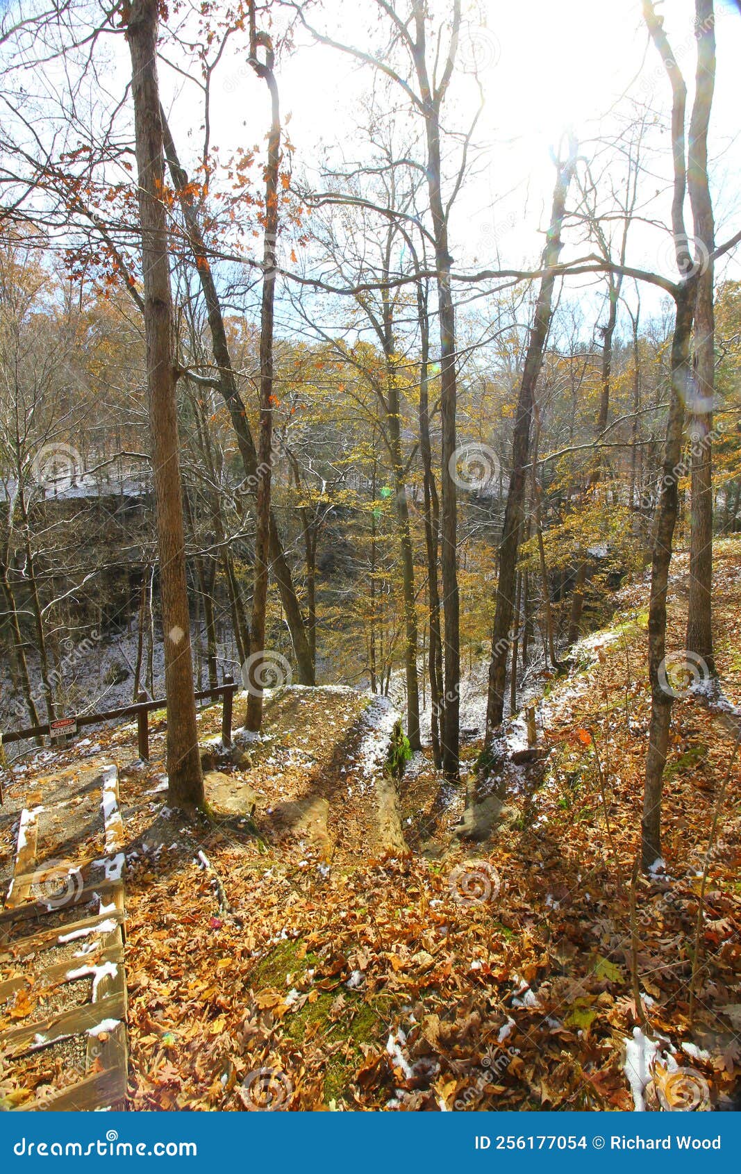 View of Hemlock Cliffs in Autumn after a Light Snow, Indiana Stock ...