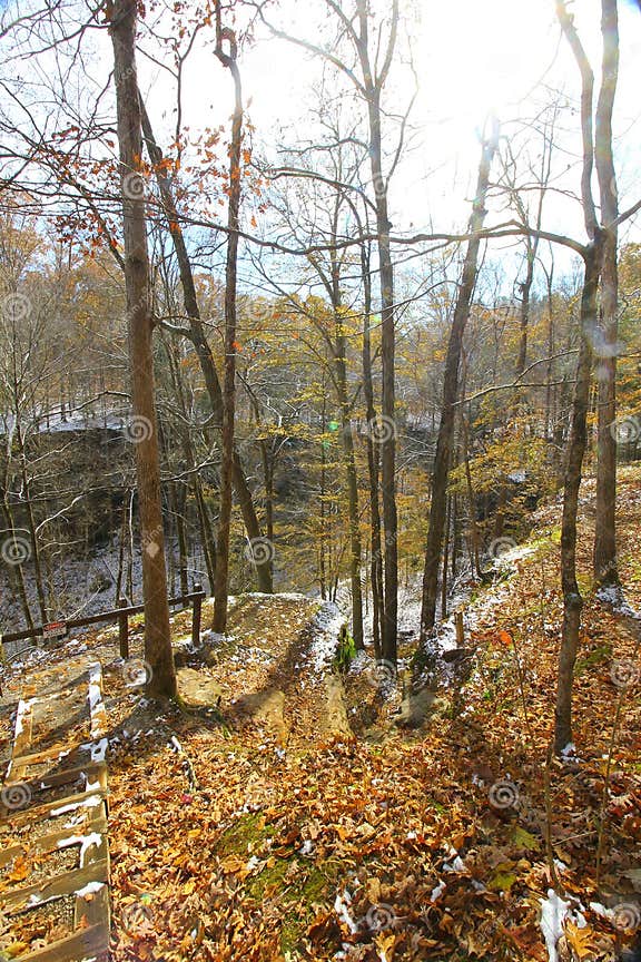 View of Hemlock Cliffs in Autumn after a Light Snow, Indiana Stock ...