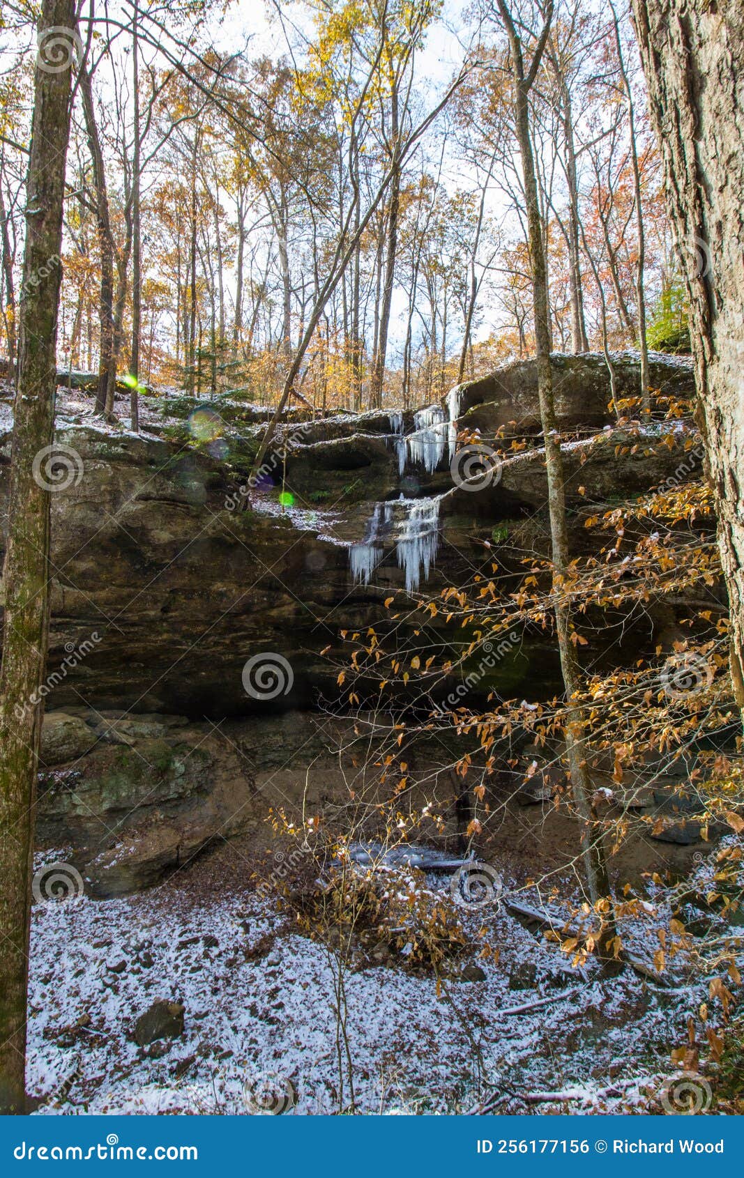 View of Hemlock Cliffs in Autumn after a Light Snow, Indiana Stock ...