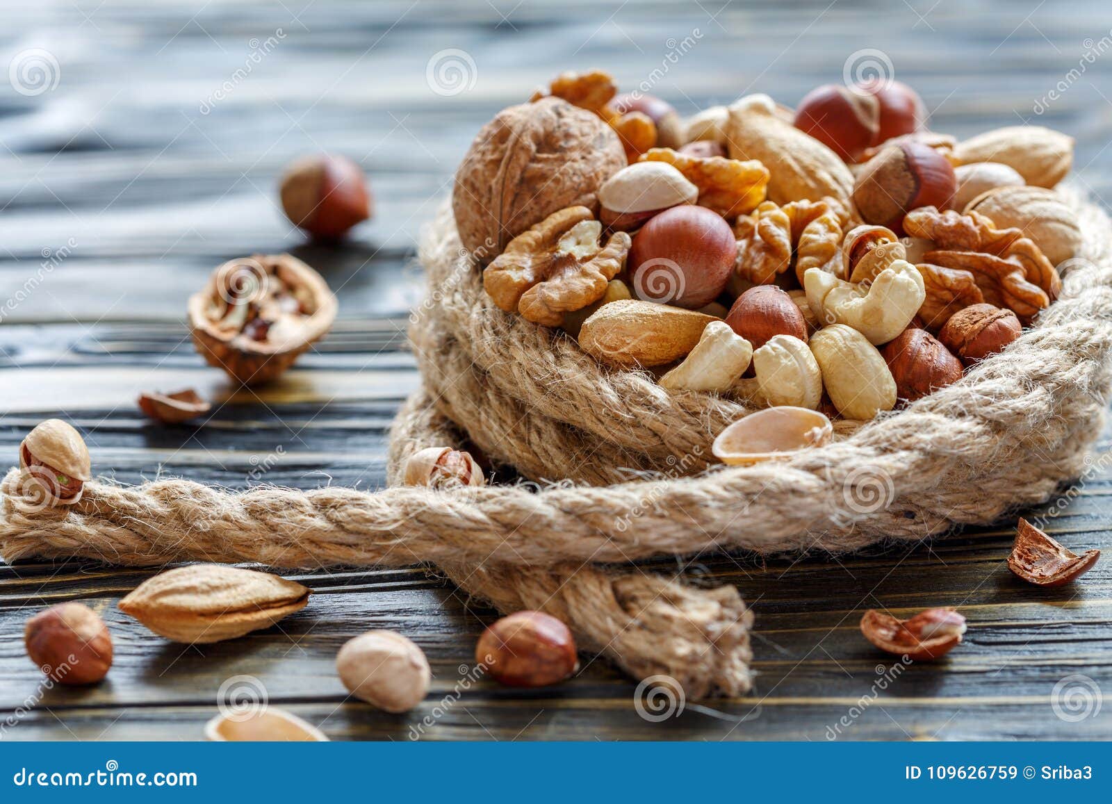 Hemp Rope and a Mixture of Nuts. Stock Image - Image of fruit, food ...