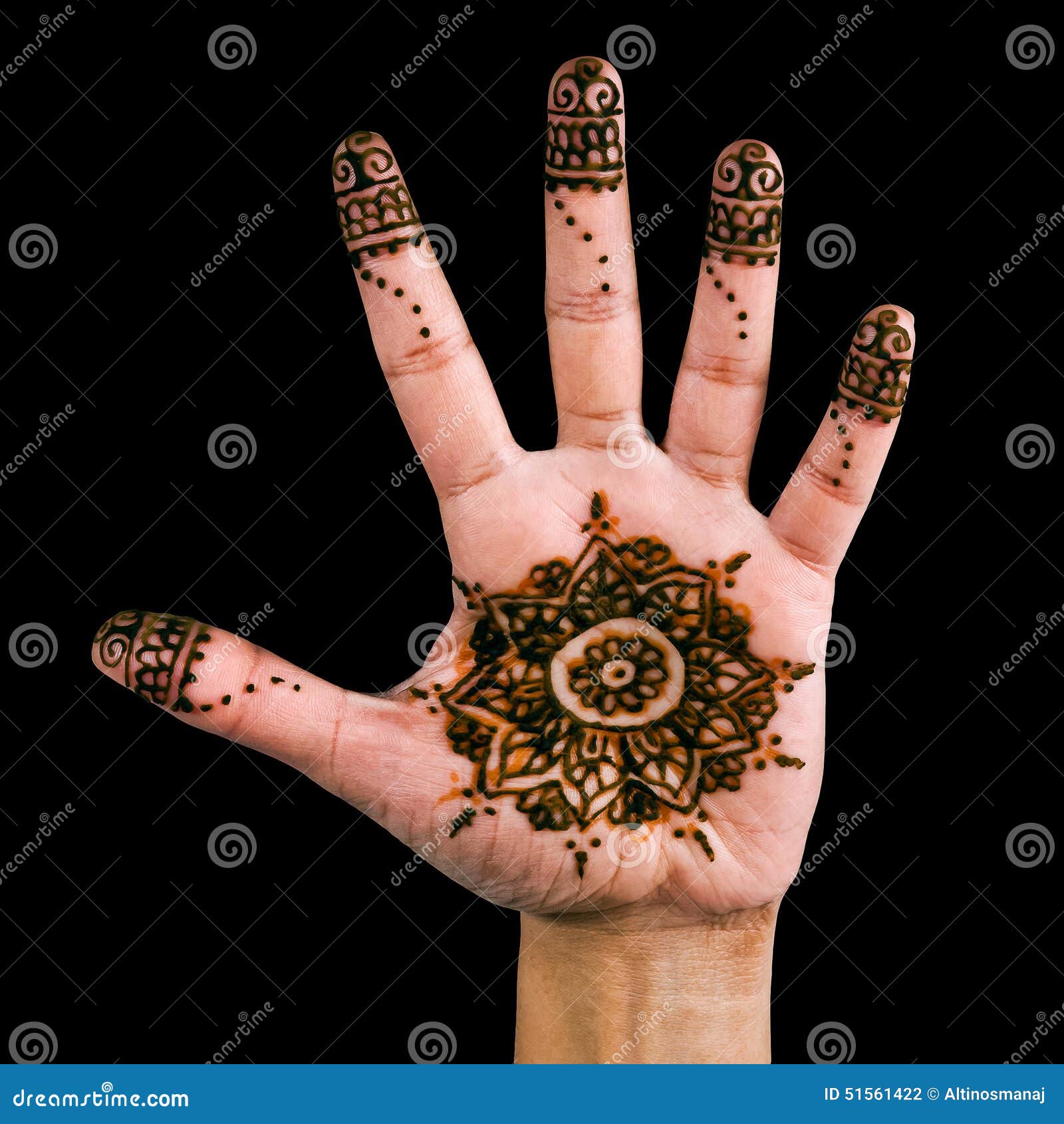Henna Design on the Palm of the Hand - Isolated in Black Stock Photo ...