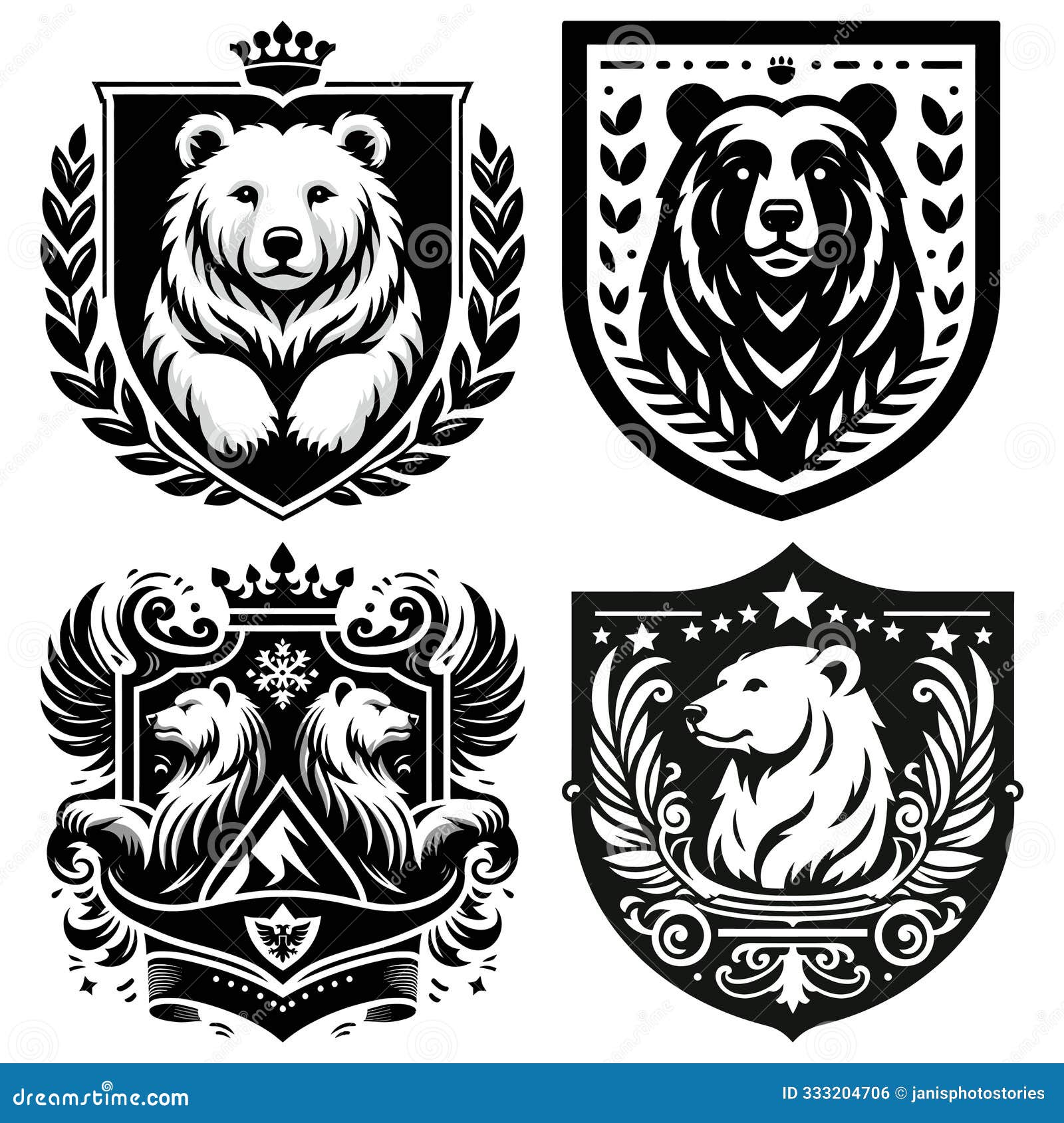 Bear Emblems Vector Illustration, Black And White, Perfect For Logos ...