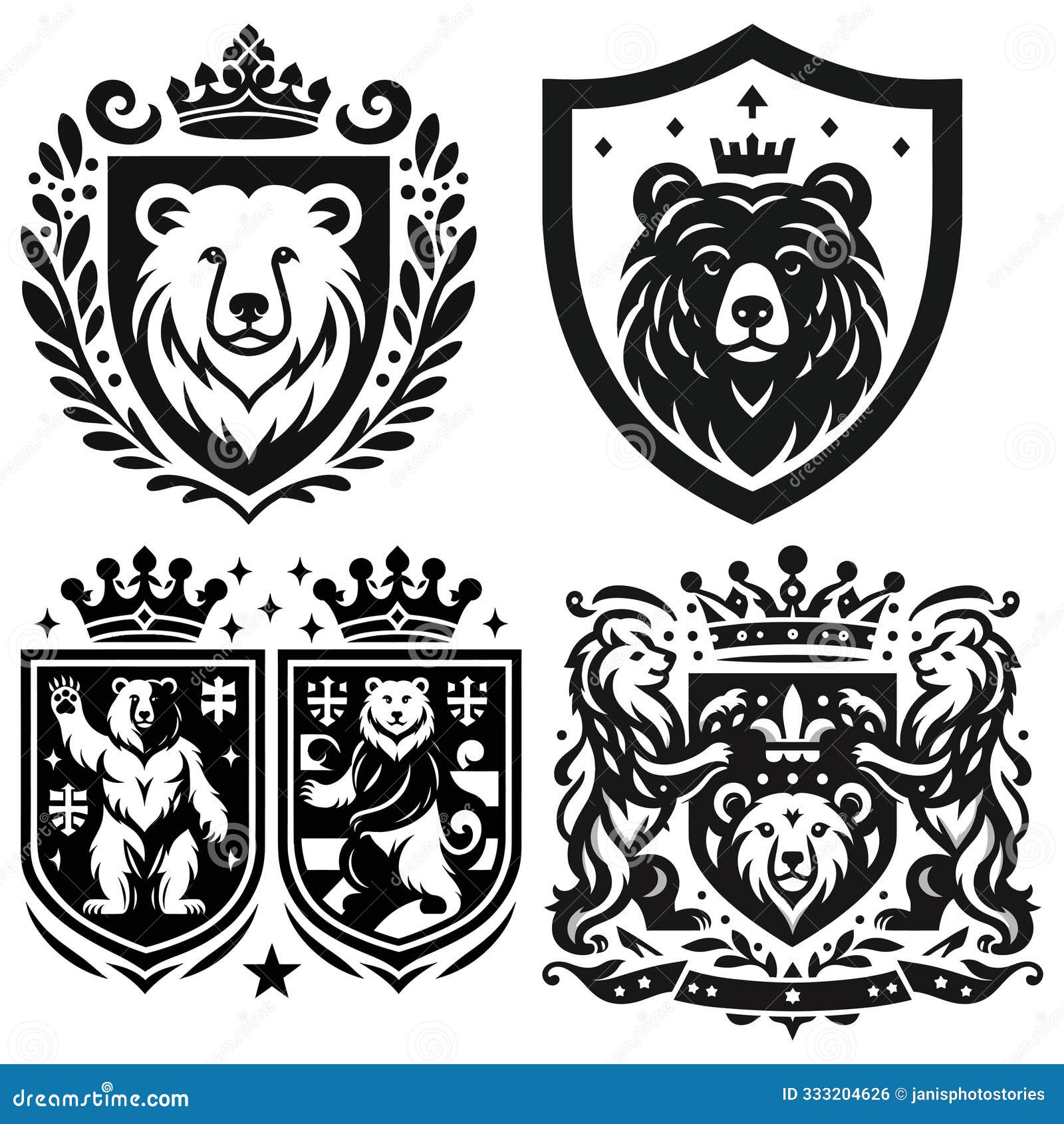 Heraldic Bear Coat Of Arms And Lion Emblems, Vector Illustration Black ...