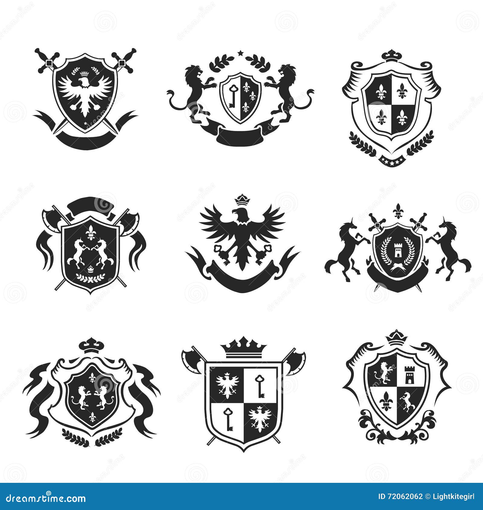 Heraldic Coat Of Arms Decorative Emblems Black Set Stock Vector