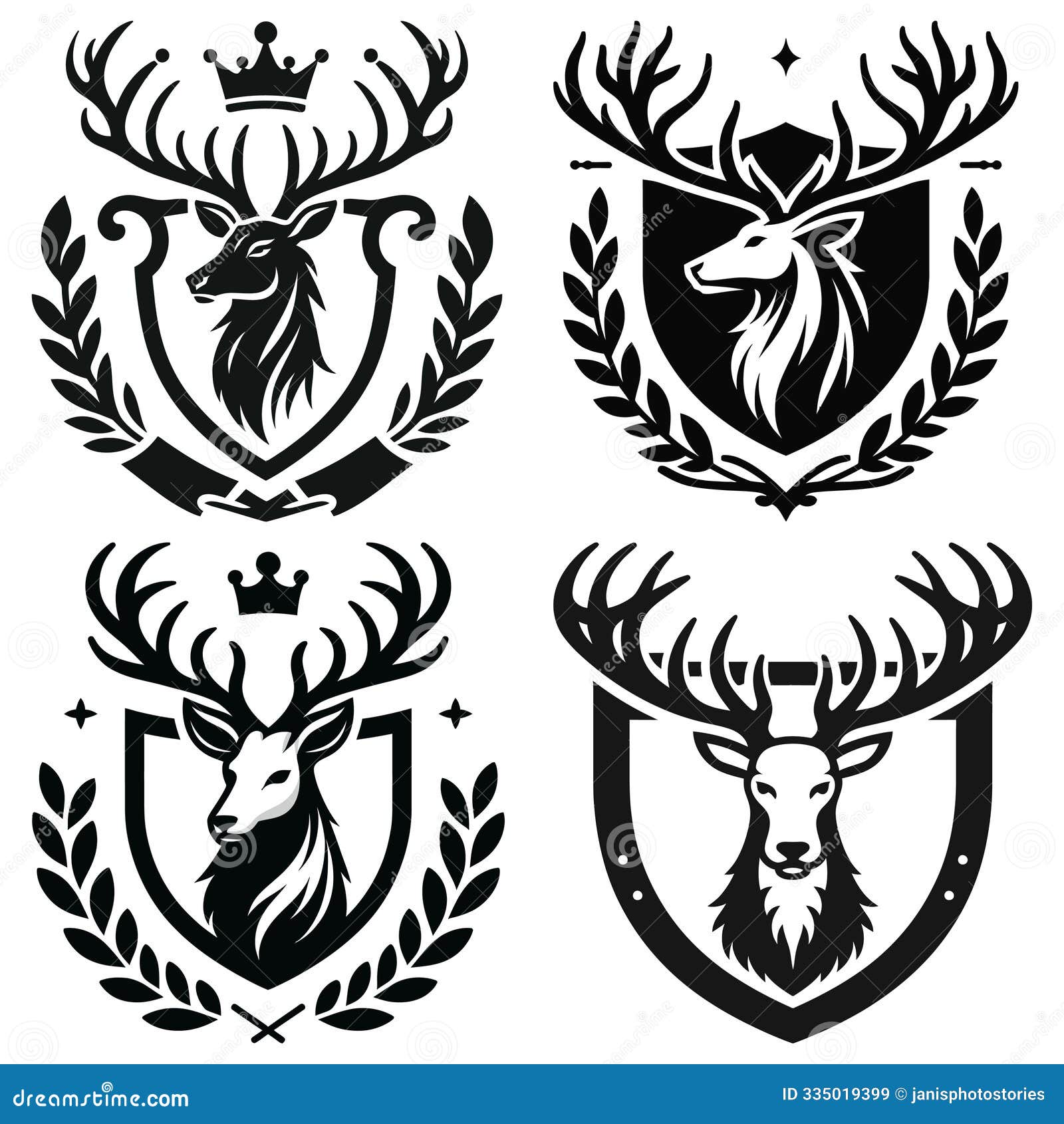 Heraldic Deer Crests, Black and White, Vector Illustration, Ideal for ...