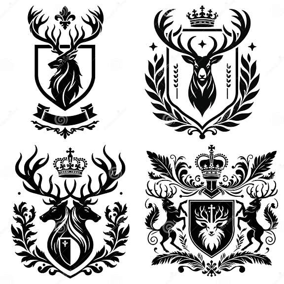Heraldic Deer Emblems Vector Illustration, Black and White, Perfect for ...
