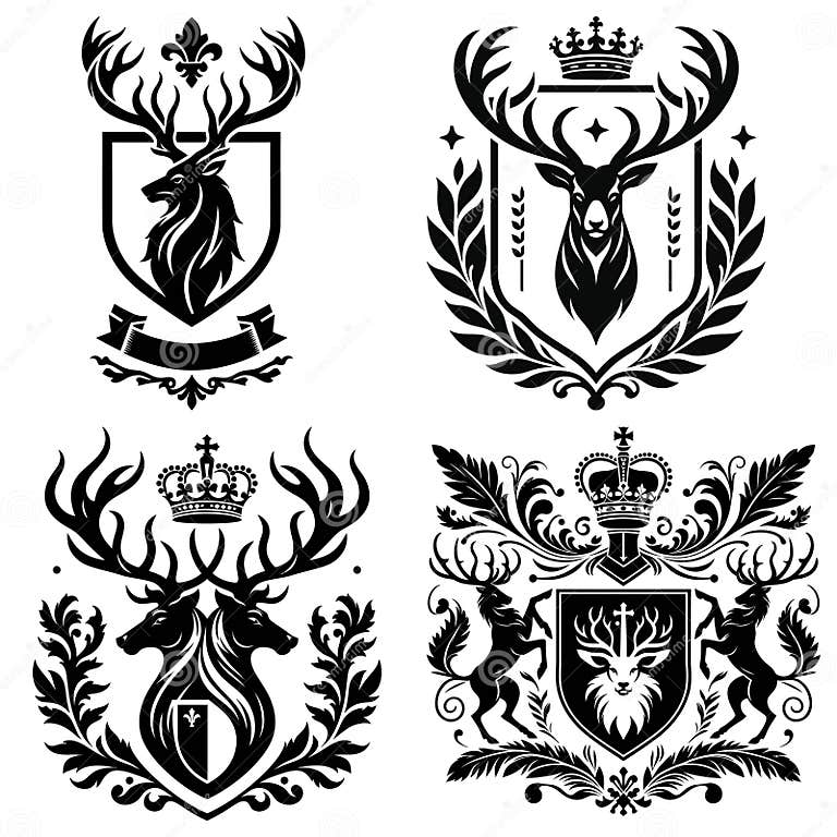 Heraldic Deer Emblems Vector Illustration, Black and White, Perfect for ...