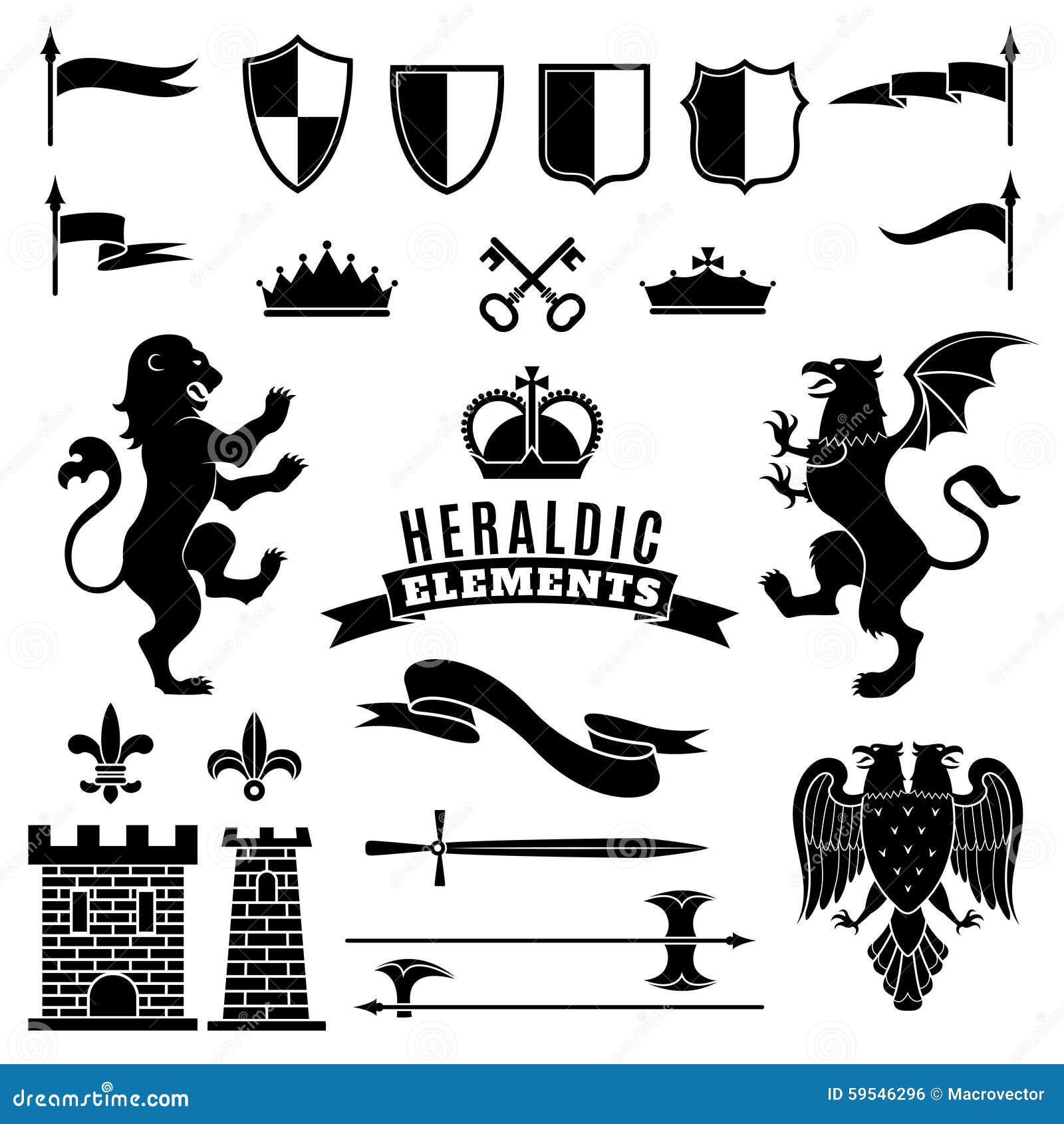 Heraldic Elements Black White Set Stock Vector - Illustration of flag ...
