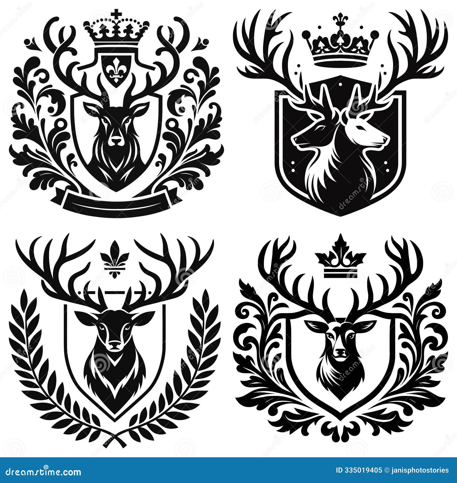 Heraldic Emblems with Deer Head, Black and White Vector Illustration ...