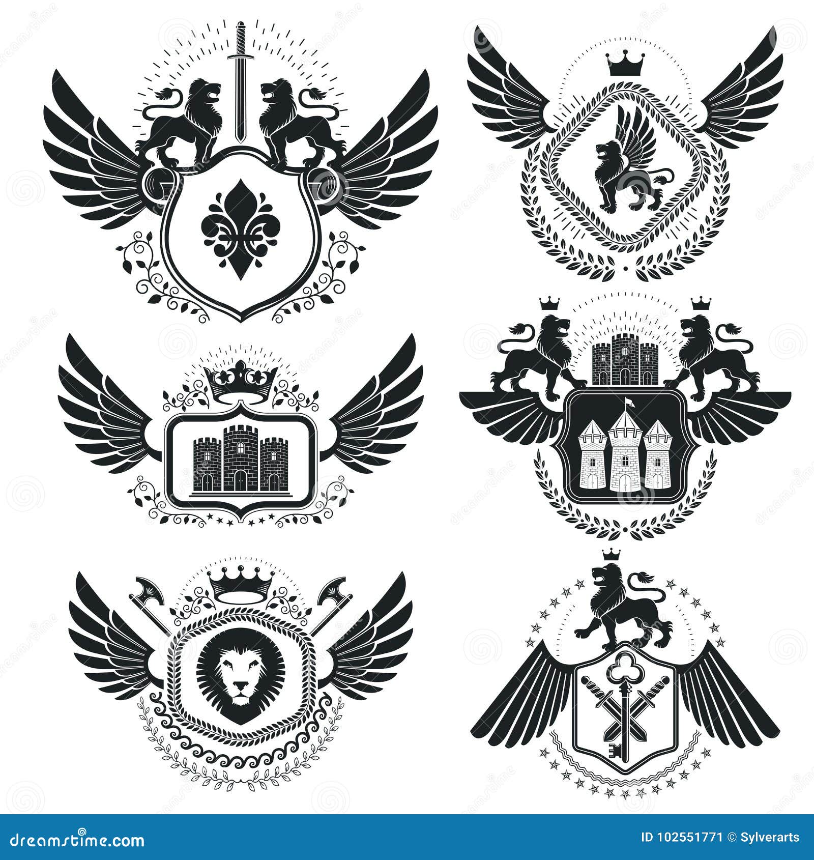 Heraldic Emblems Isolated Vector Illustrations. Collection of Symbols ...