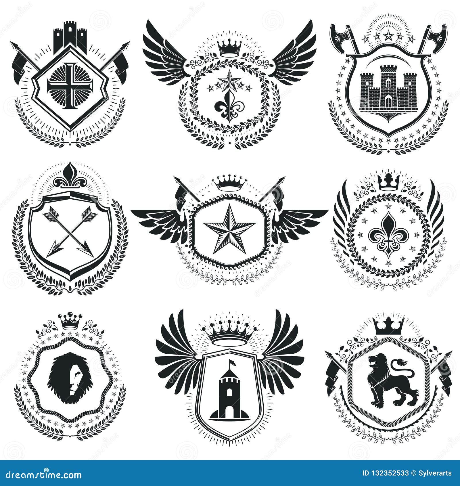 Heraldic Emblems Isolated Vector Illustrations. Collection of Symbols ...