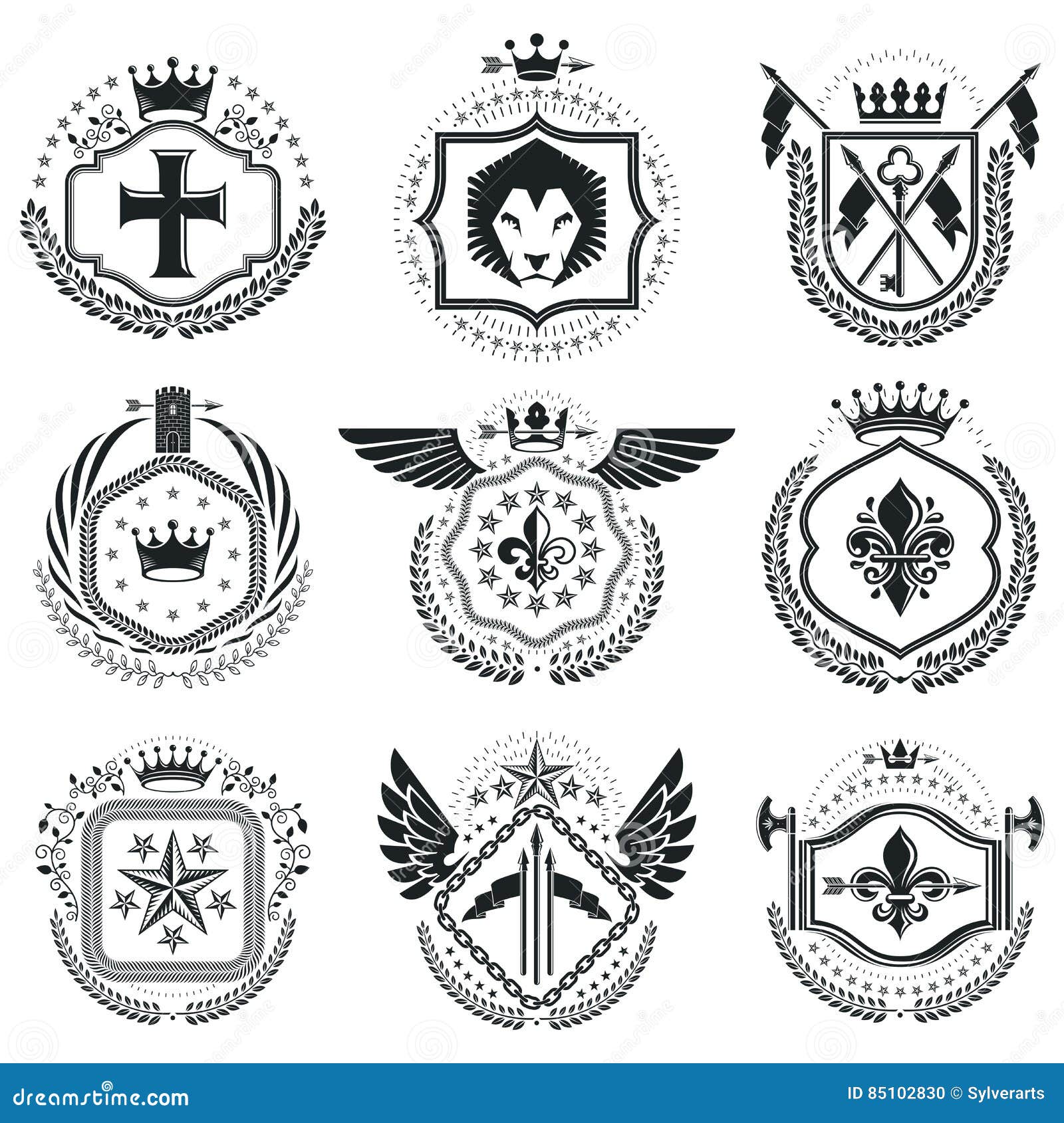 Heraldic Emblems Isolated Vector Illustrations. Collection of Symbols ...