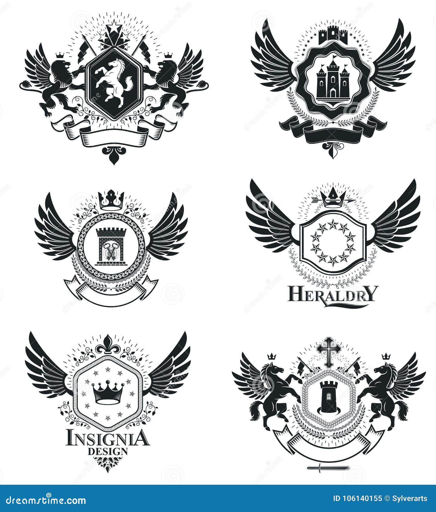 Heraldic Emblems Isolated Vector Illustrations. Collection of Symbols ...
