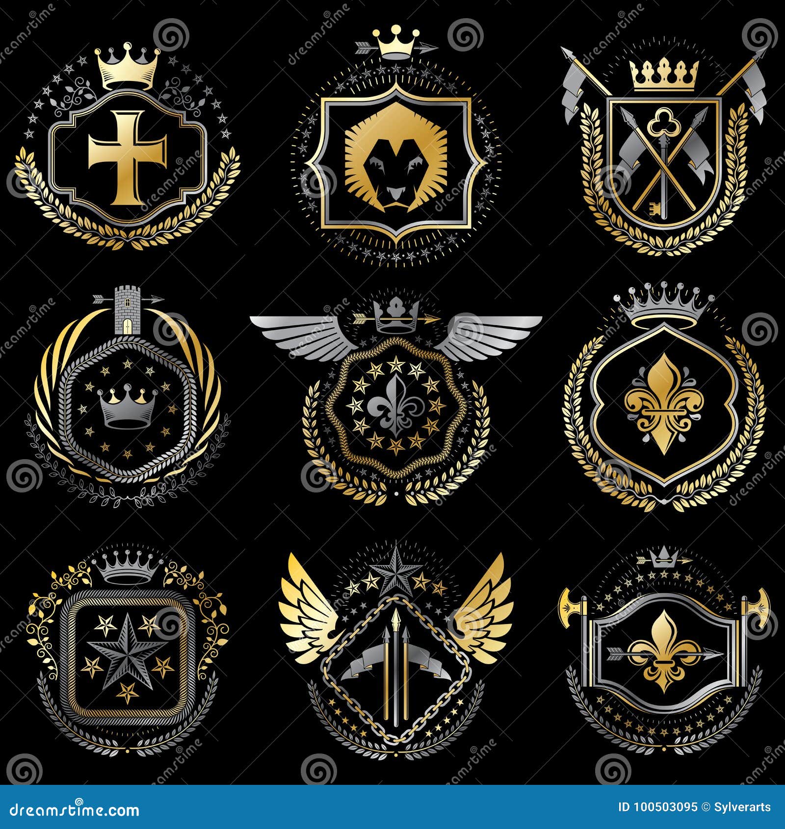 Heraldic Emblems with Wings Isolated on White Backdrop. Collection of ...