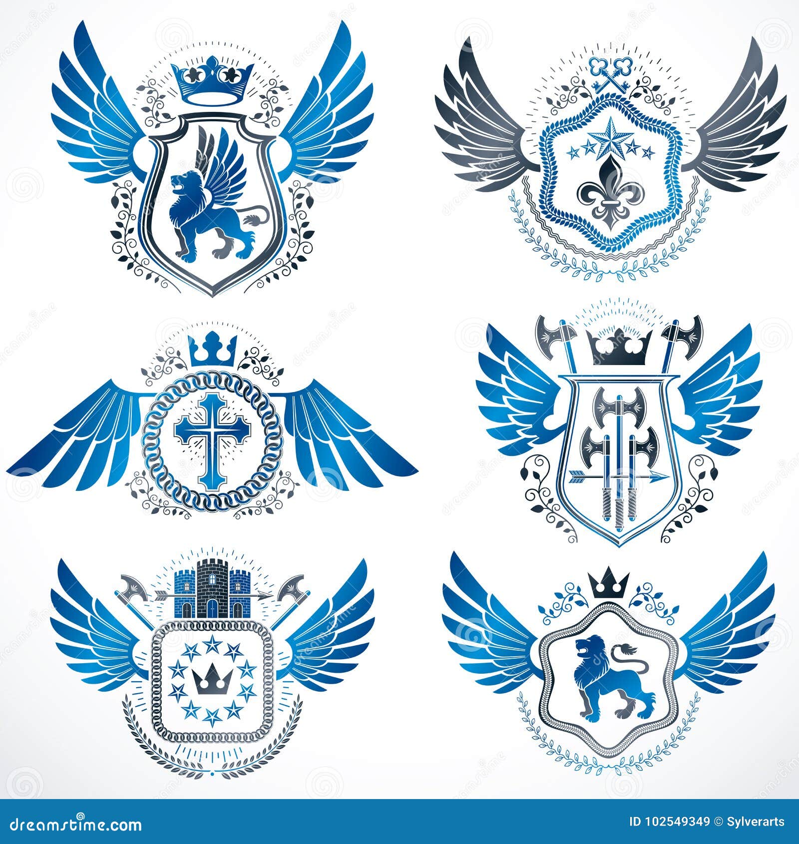 Heraldic Emblems with Wings Isolated on White Backdrop. Collection of ...
