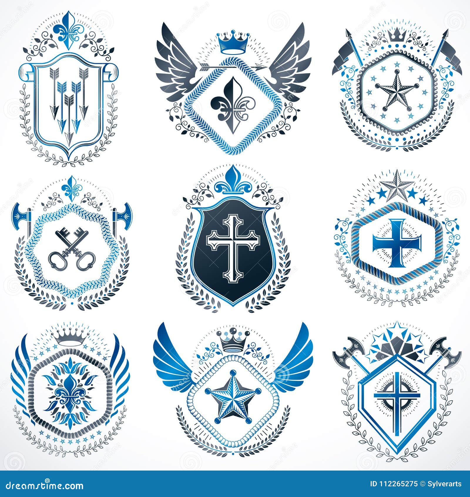 Heraldic Emblems with Wings Isolated on White Backdrop. Collection of ...