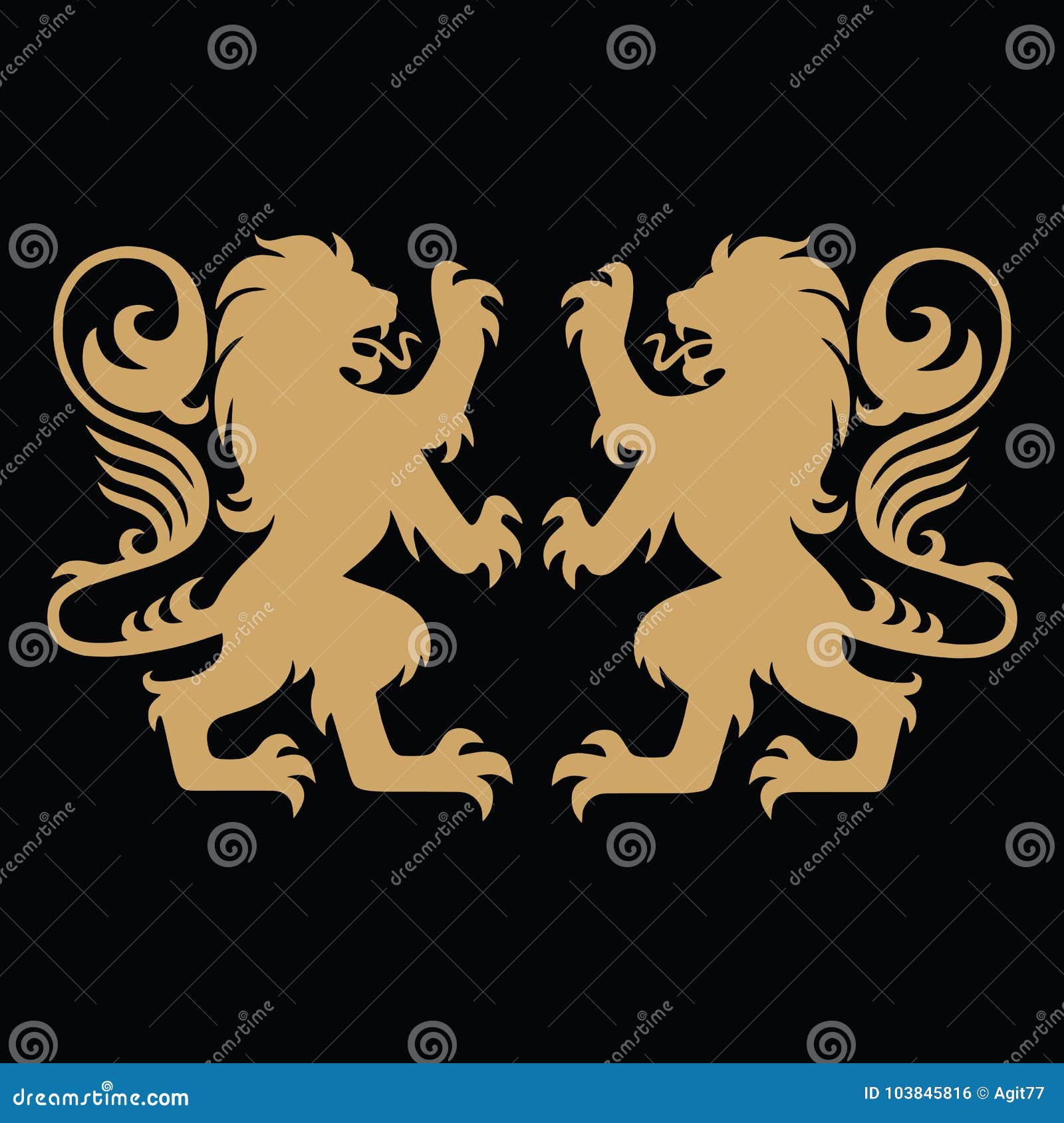 Heraldic Lion. Golden Formidable Lion, Standing On Its Hind Legs ...