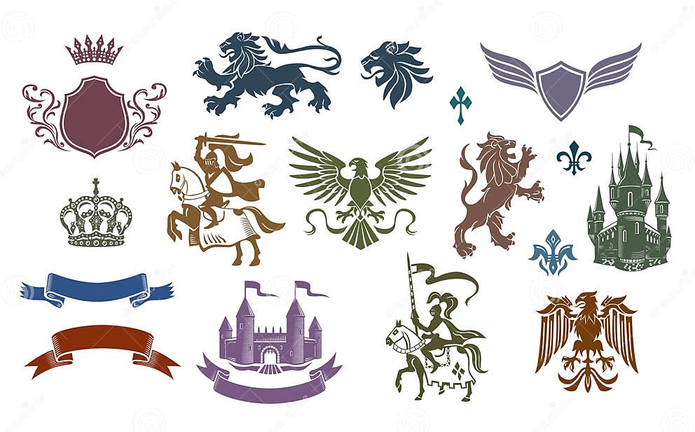 Heraldic Medieval Emblems Set Stock Vector - Illustration of sketch ...